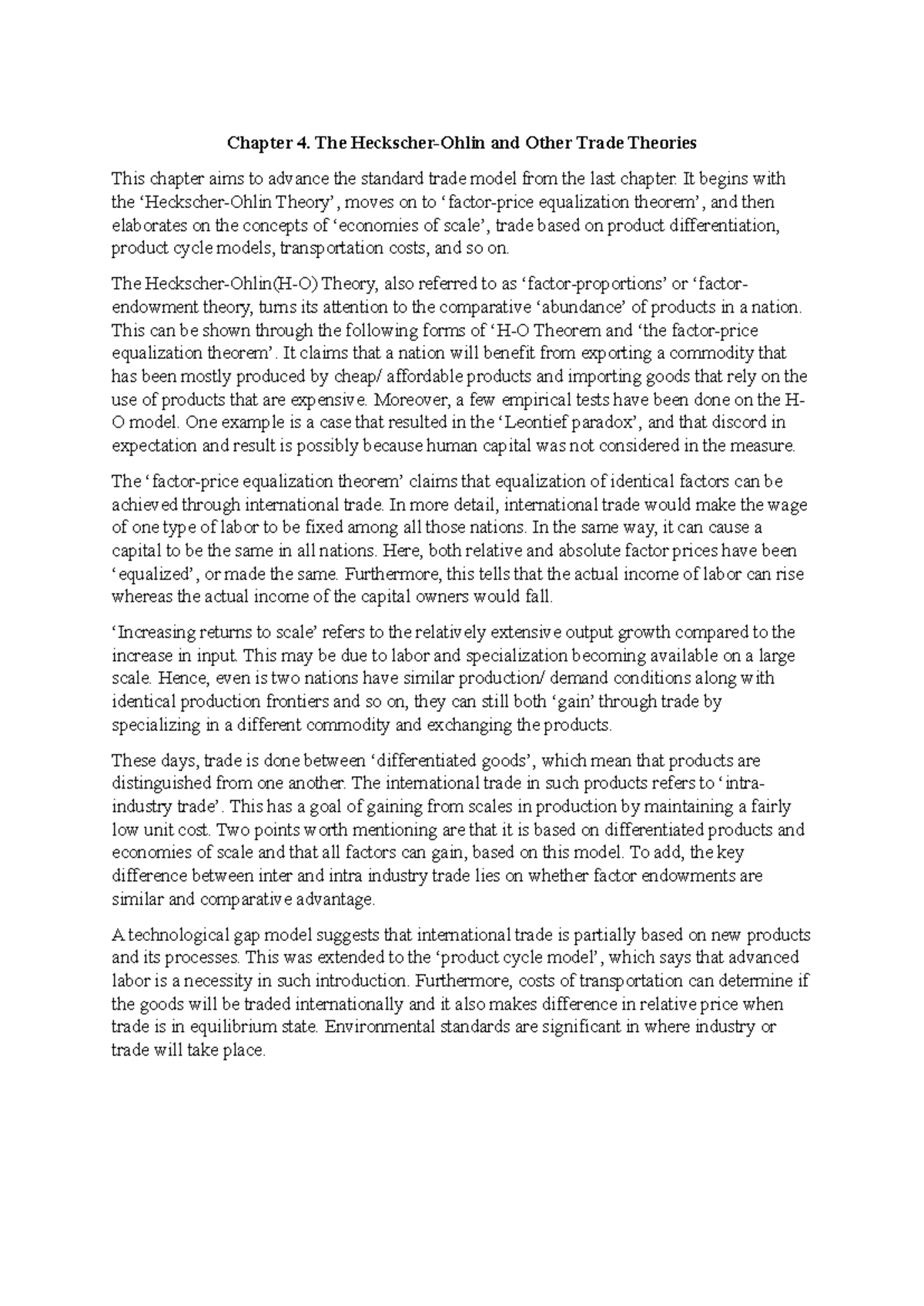 Chapter 4 Summary - Chapter 4. The Heckscher-Ohlin and Other Trade ...