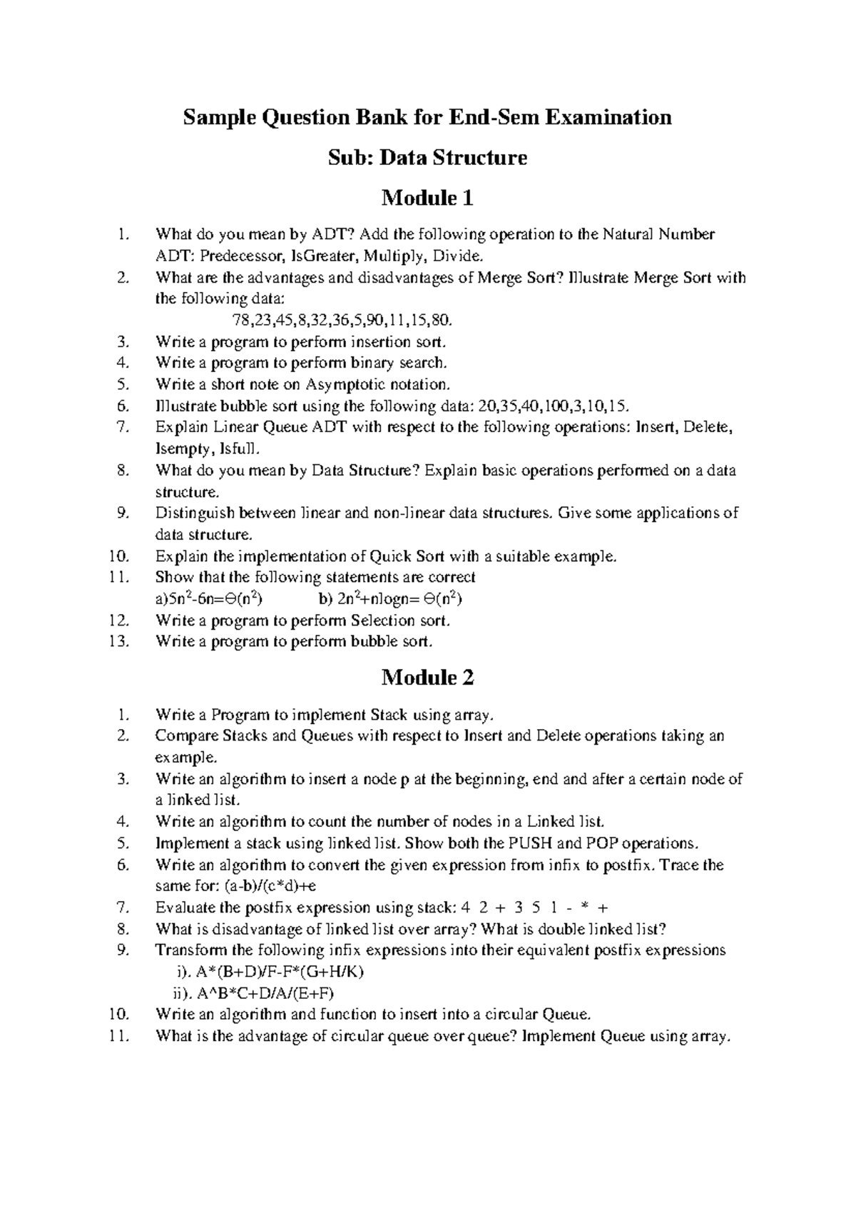 Sample Question Bank for Examination - Sample Question Bank for End-Sem ...