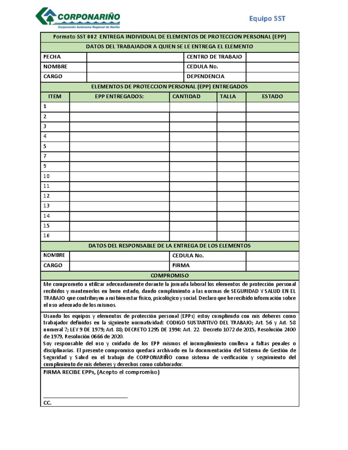 Formato-SST-002- Formato- Entrega- Individual-EPPS - Equipo SST Formato ...