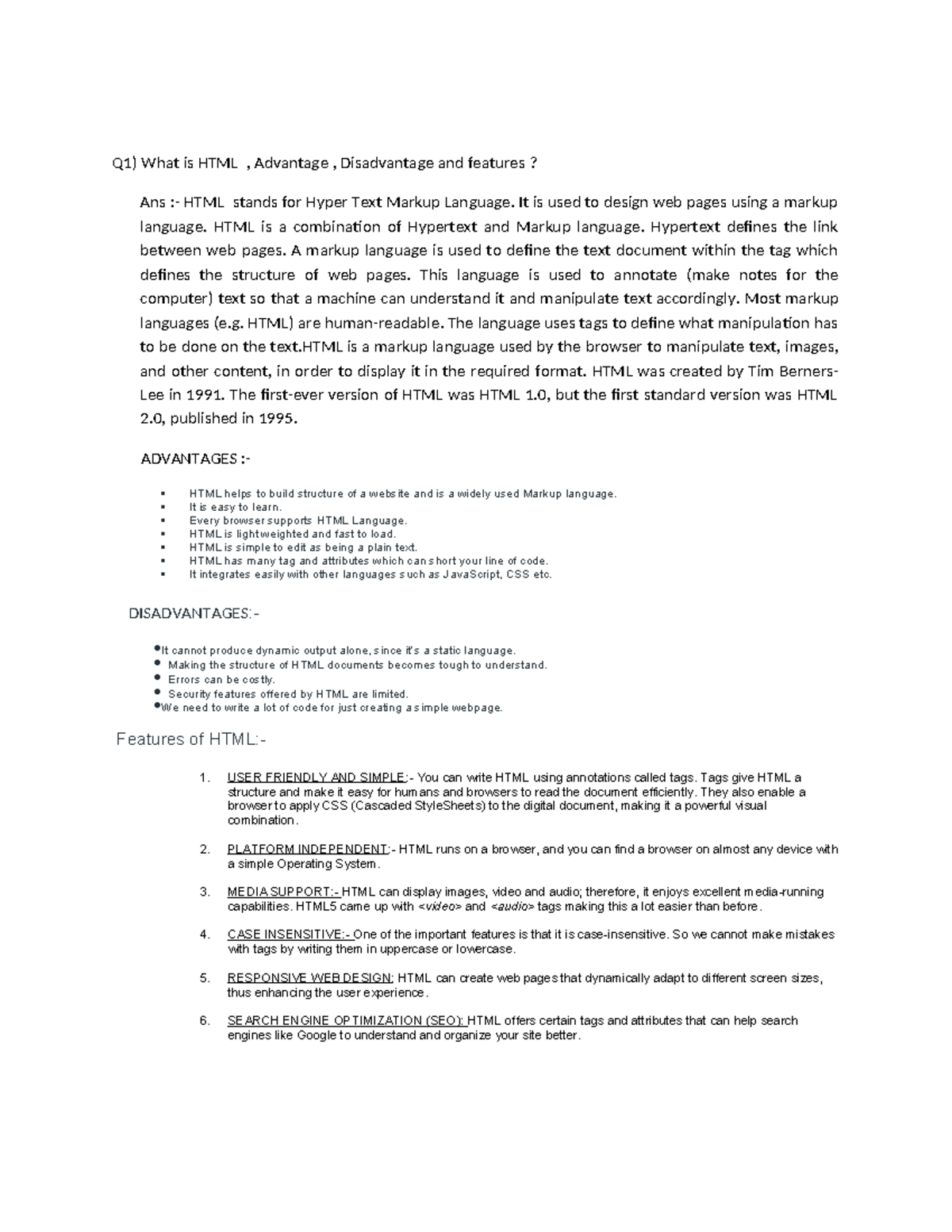 Internal notes for bca sem 3 - Q1) What is HTML , Advantage ...
