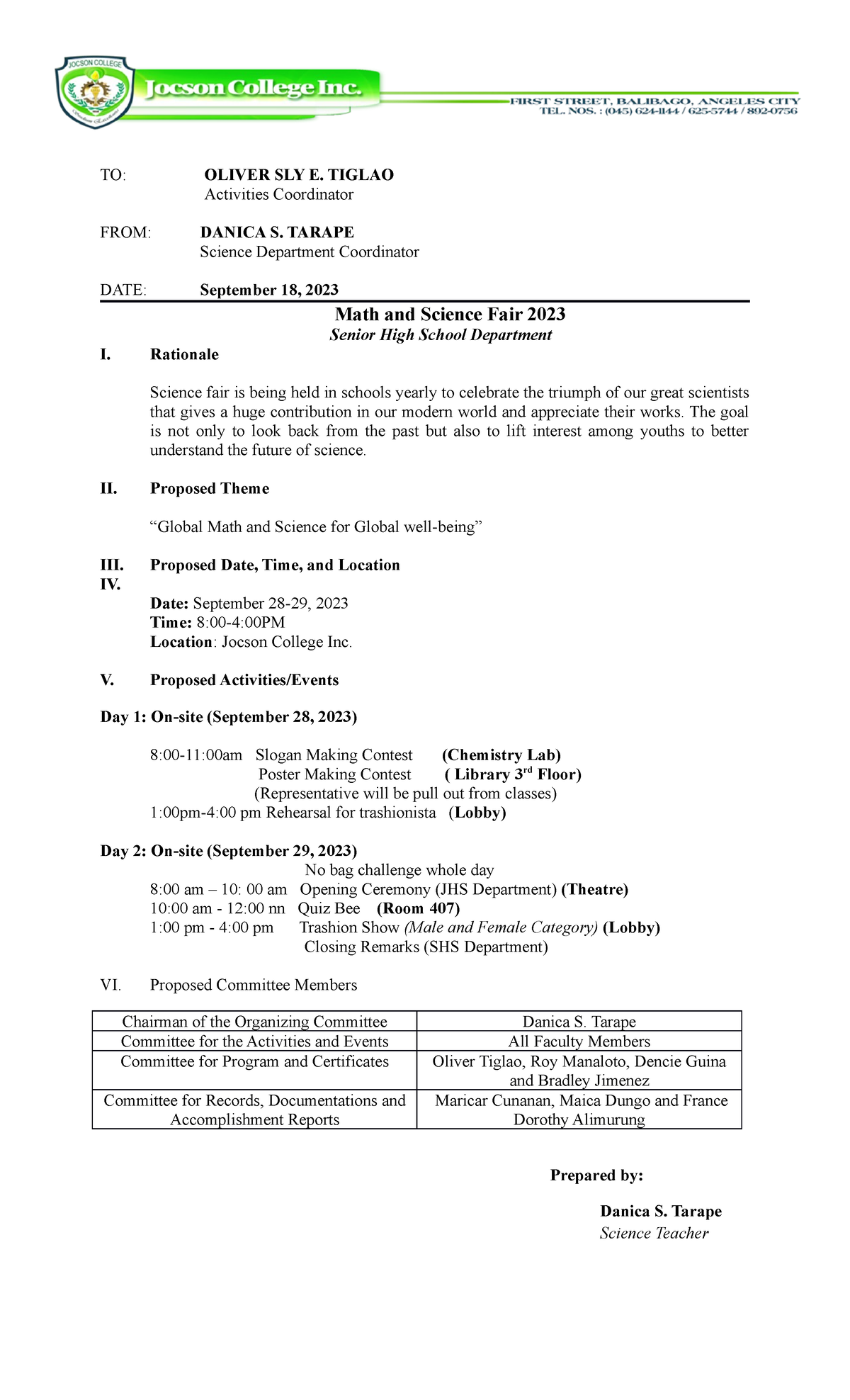 Science Fair Proposal - TO: OLIVER SLY E. TIGLAO Activities Coordinator ...