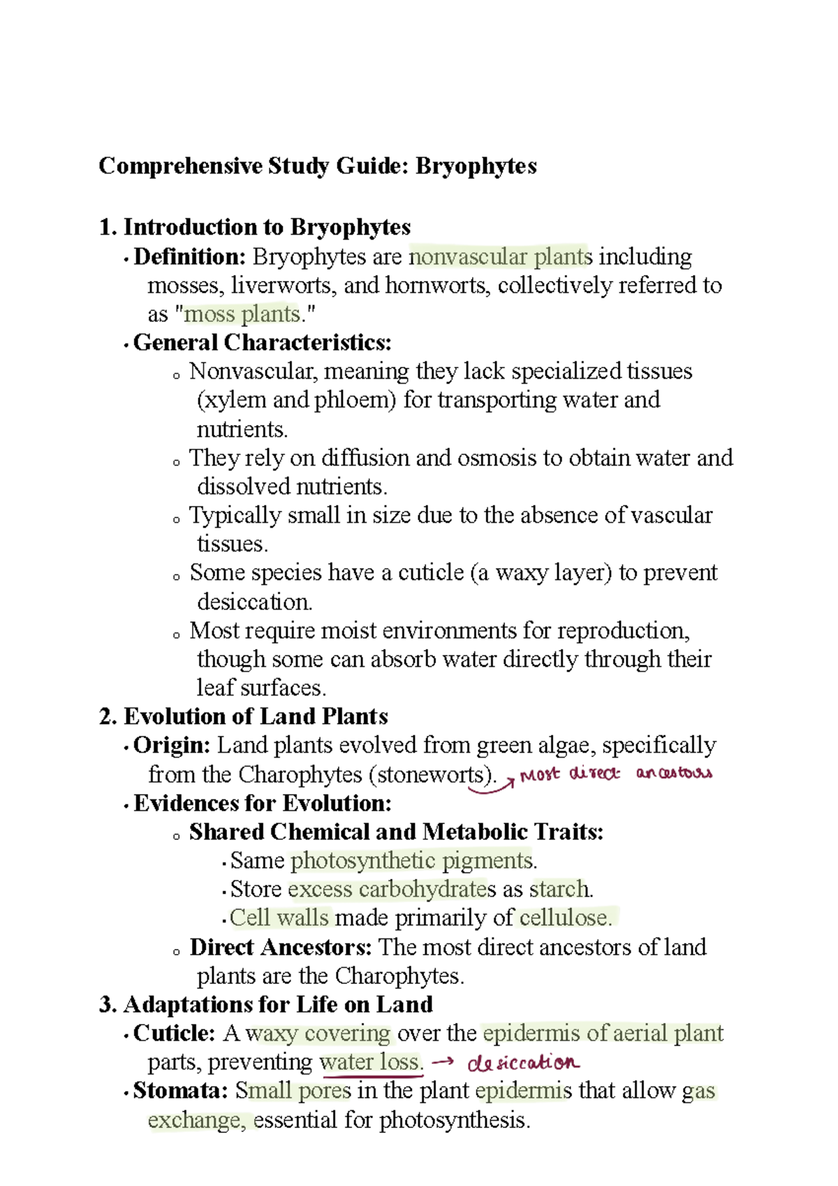 WEEK 14 - Bryophytes - Comprehensive Study Guide: Bryophytes 1 ...