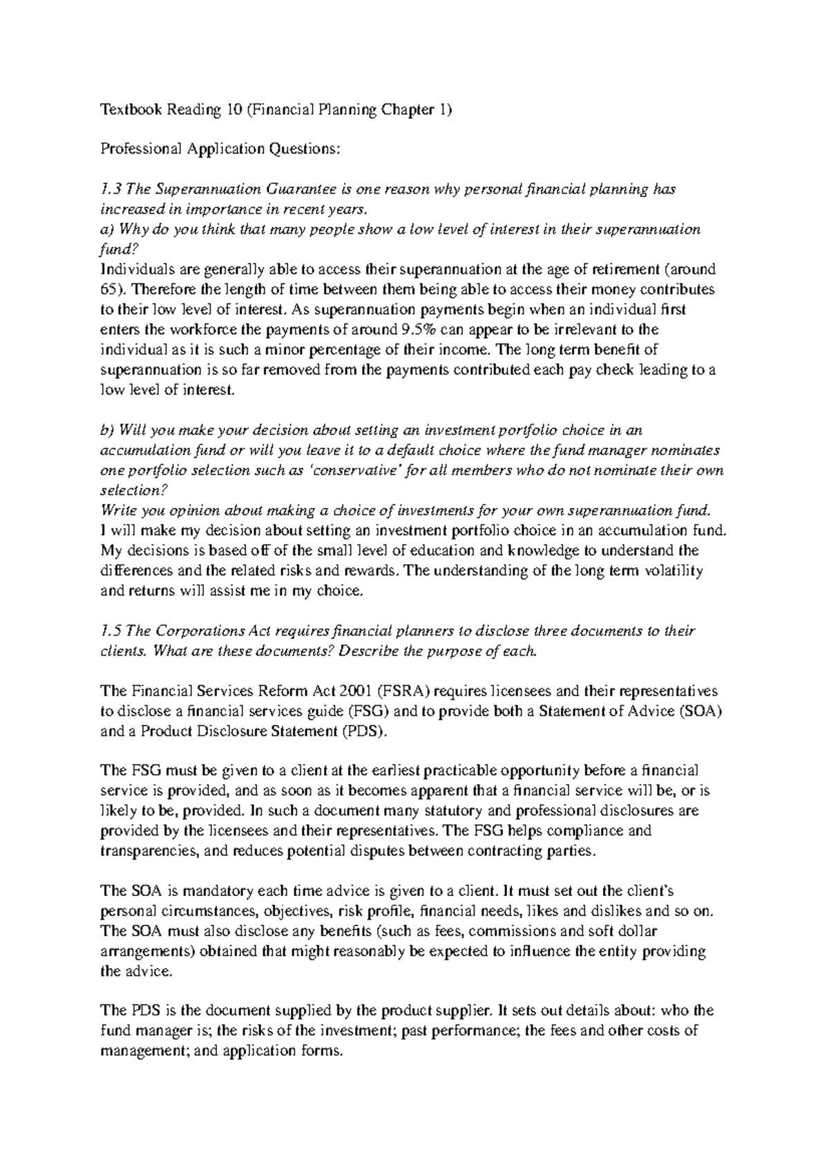 Week 12 Tutorial Questions - Textbook Reading 10 (Financial Planning ...