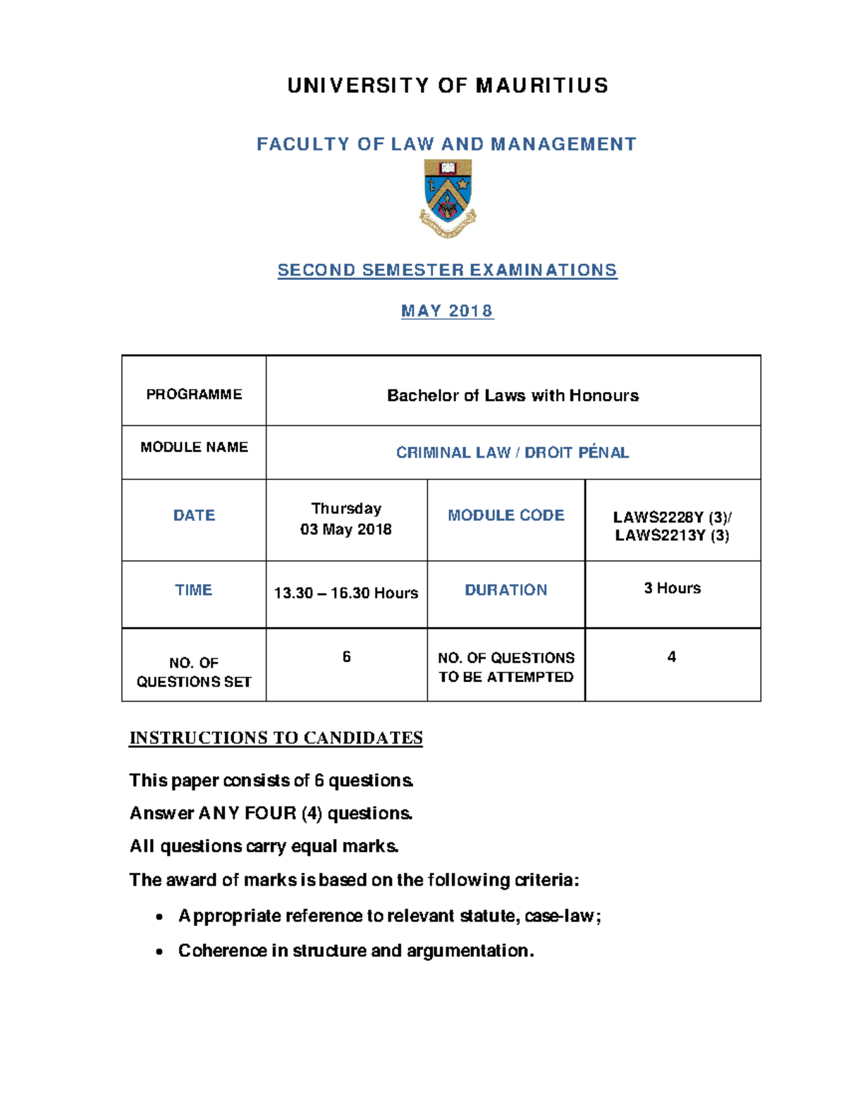 Papers LAWS 2228Y 3 2018 2 - UN I V ERSI T Y OF M AU RI T I U S FACU LT ...