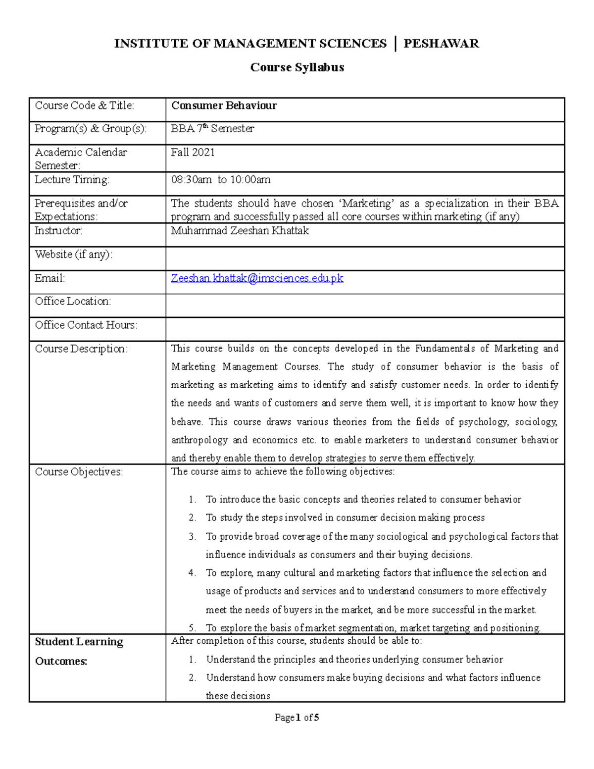 Consumer behavior-course outline Final - Course Syllabus Course Code & Title: Consumer Behaviour ...