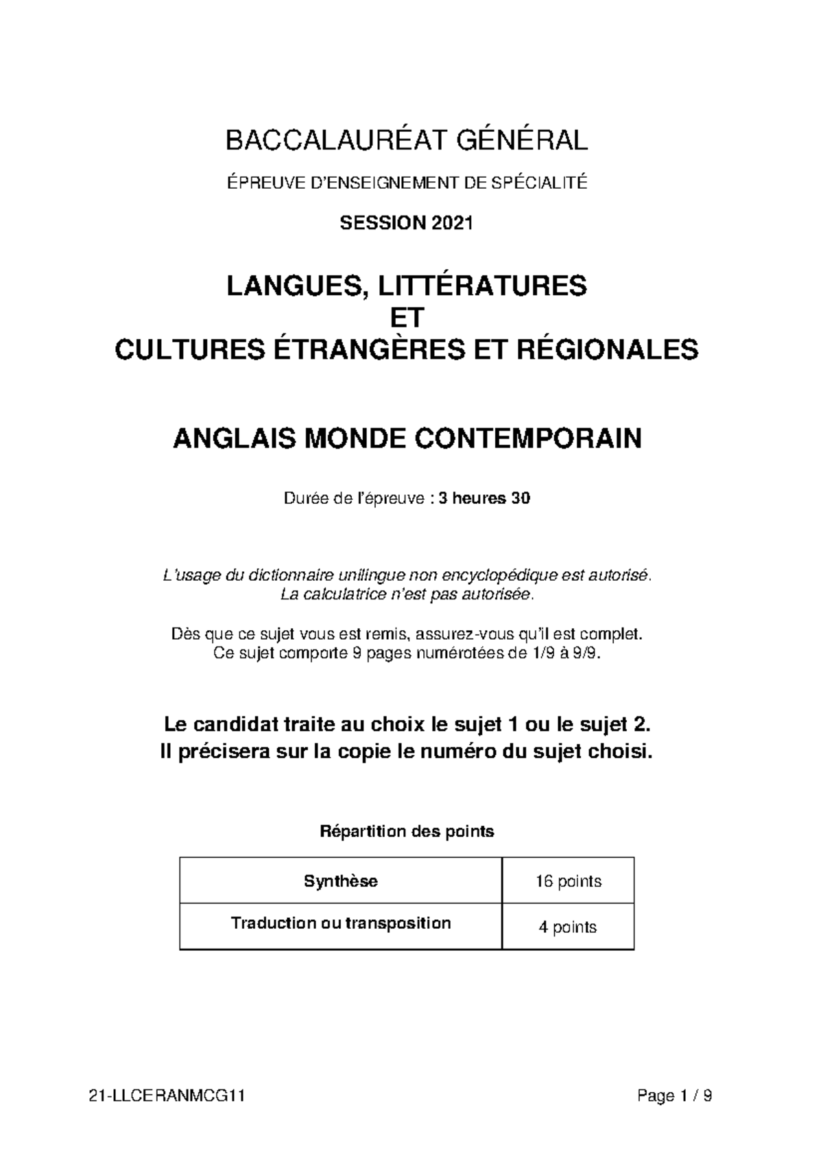 Spe llcer amc 2021 centres etrangers sujet officiel - BACCALAURÉAT GÉNÉRAL ÉPREUVE D ...