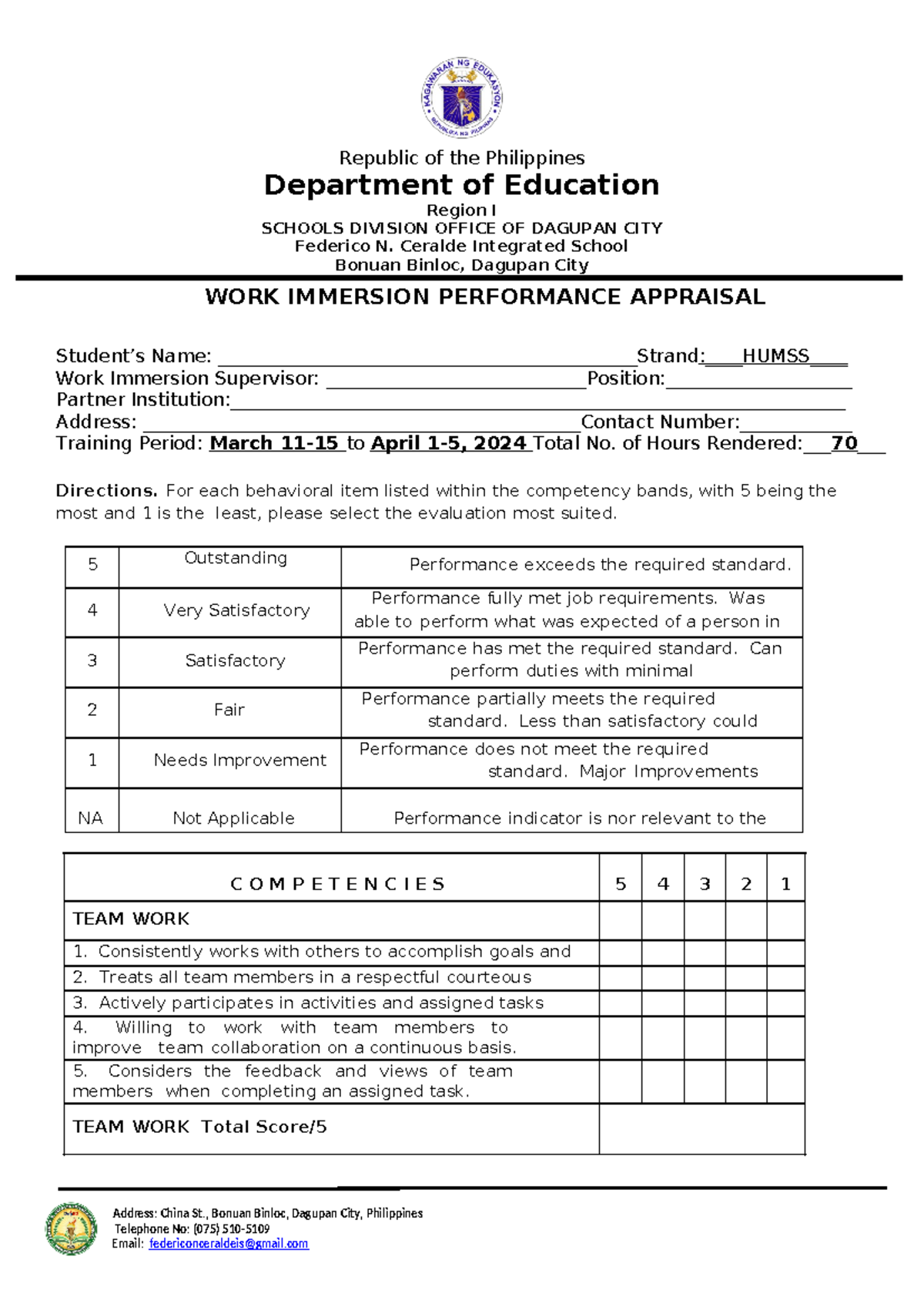 WORK- Immersion- Appraisal - Department of Education Region I SCHOOLS ...