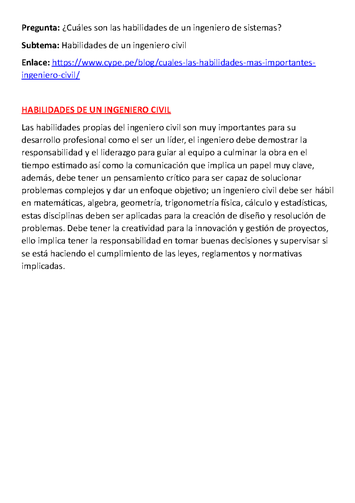 Habilidades ingeniero civil - Pregunta: ¿Cuáles son las habilidades de ...