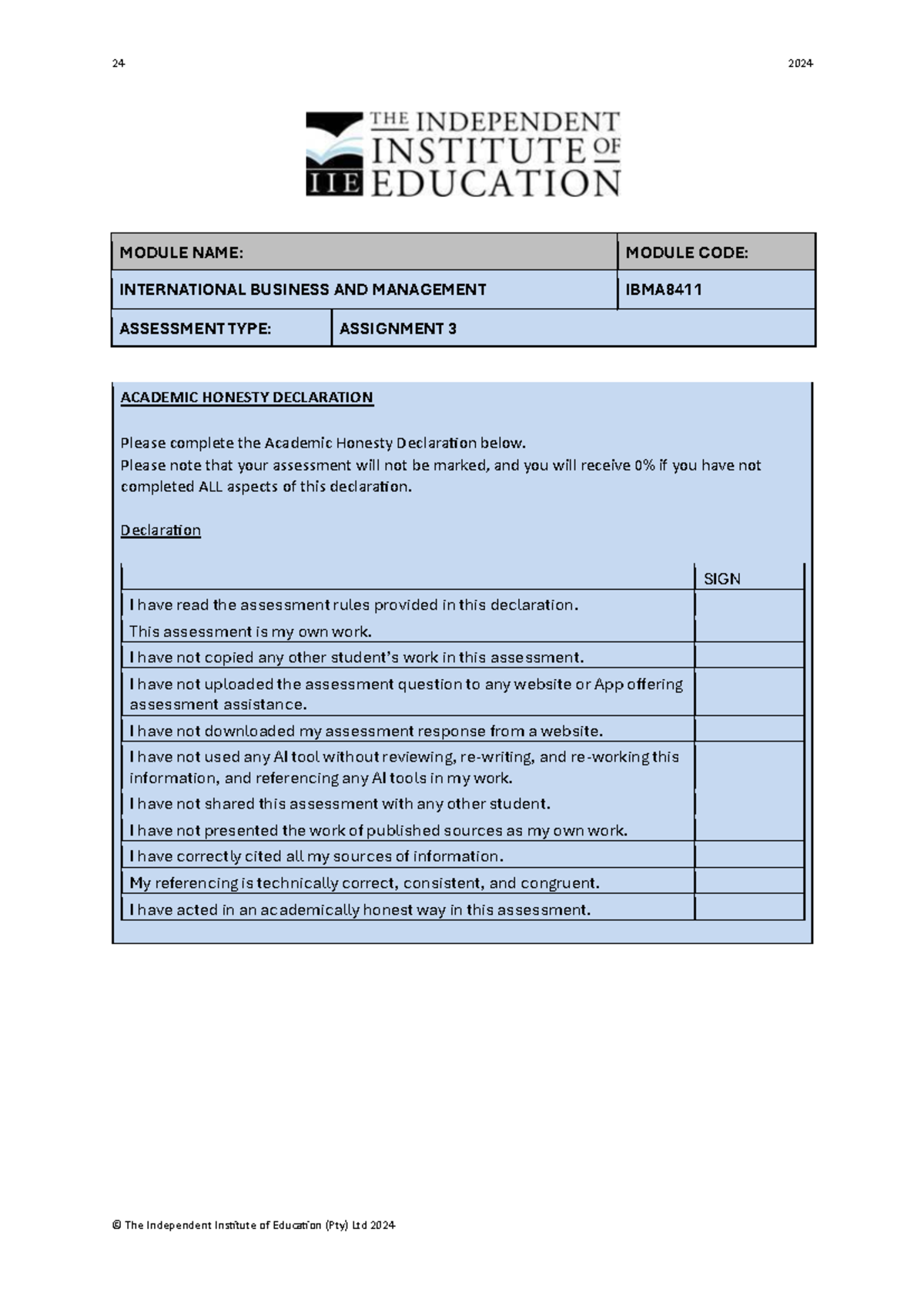 IBMA8411 A3 Rubric - assignment - © The Independent Institute of ...