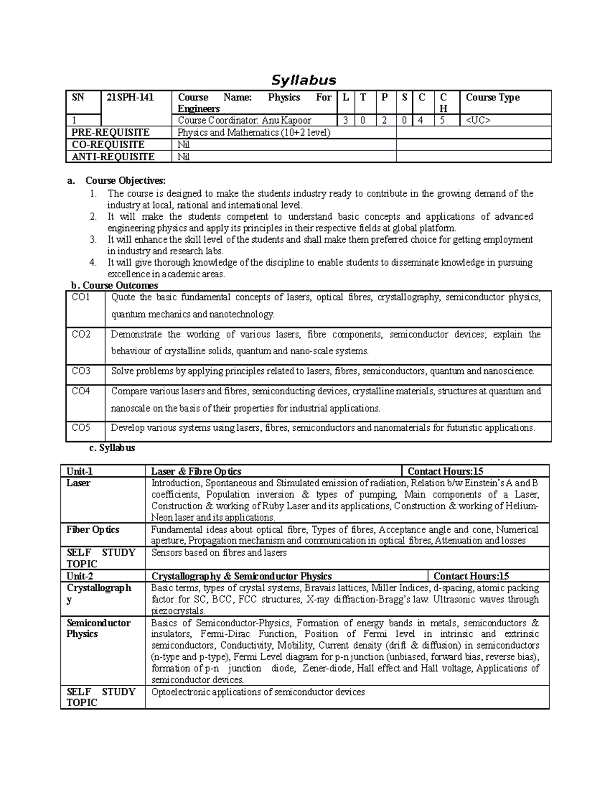 Physics For Engineers (Proposed Syllabus) BOS Jan 2022 - Syllabus SN ...
