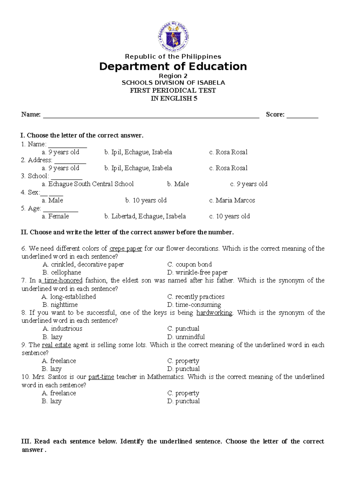 1st English - test - Republic of the Philippines Department of ...