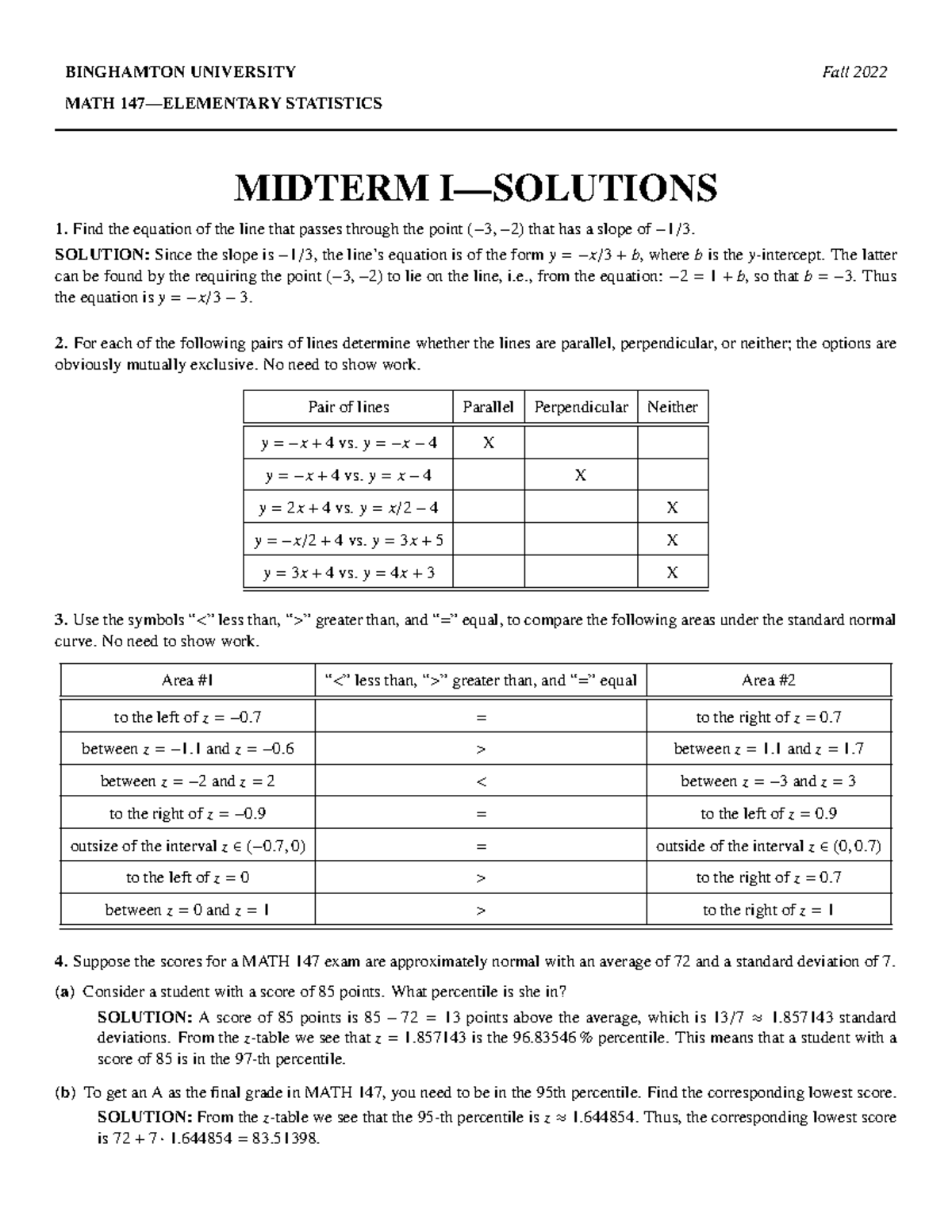Bu m147 f22 mt1 sol - midterm fall - BINGHAMTON UNIVERSITY Fall 2022 MATH 147—ELEMENTARY ...