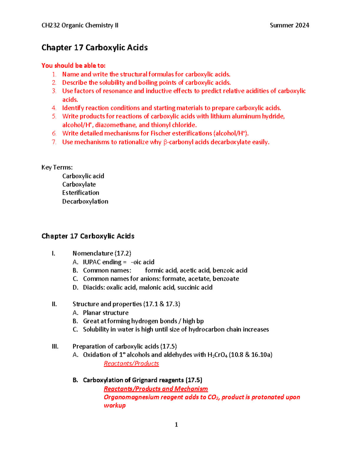 Ch232 2024 ch17 outline - CH232 Organic Chemistry II Summer 2024 1 ...