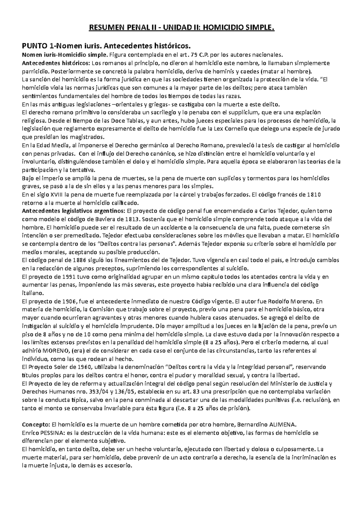 Resumen Penal II - U2 Homicidio Simple - RESUMEN PENAL II - UNIDAD II ...