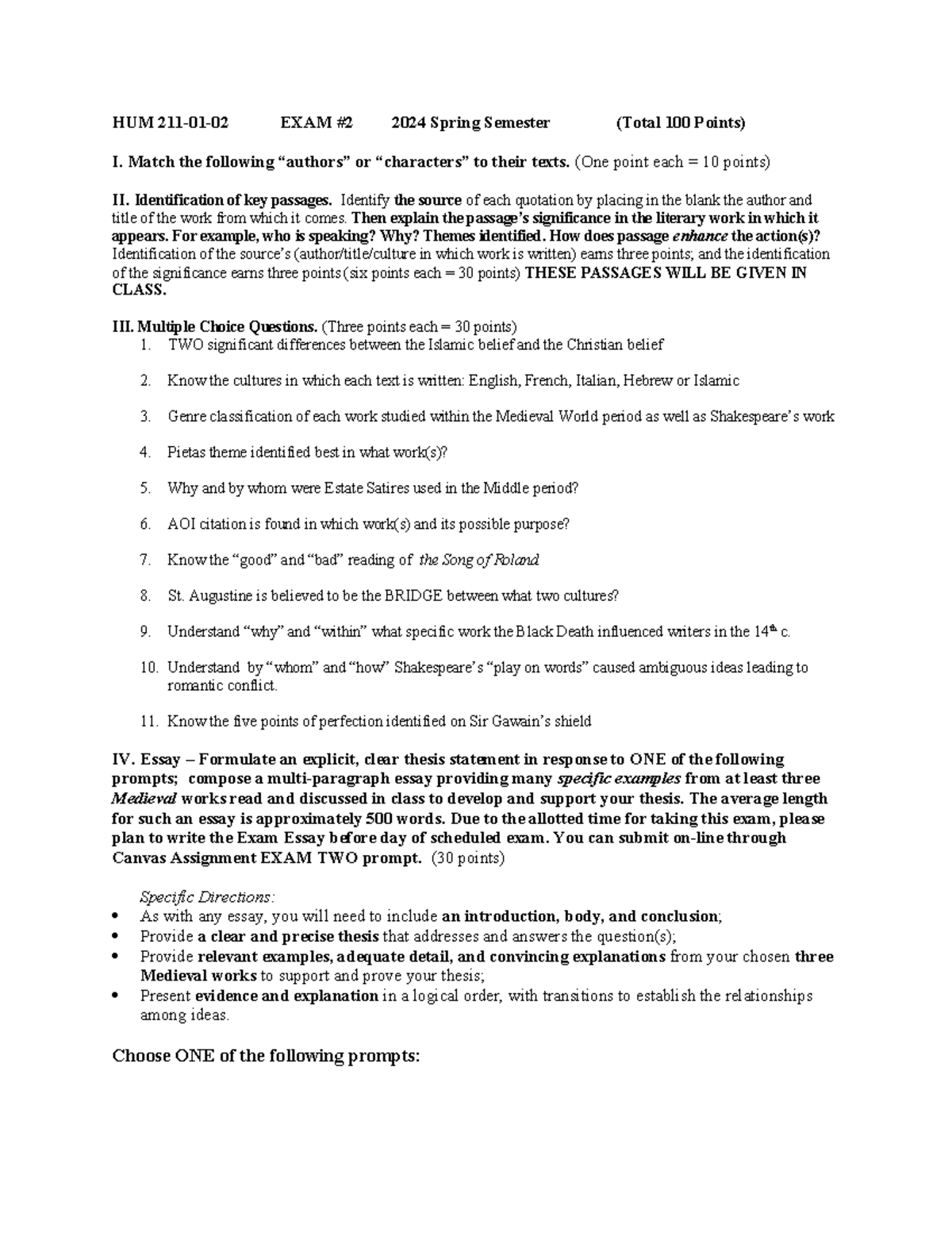 HUM 211 2024 Exam Two Review - HUM 211-01-02 EXAM #2 2024 Spring Semester (Total 100 Points) I ...