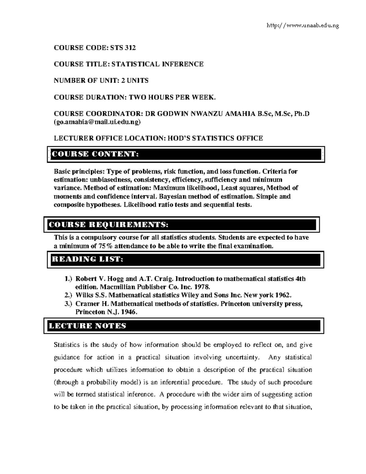 Statistical Inference - COURSE CODE: STS 312 COURSE TITLE: STATISTICAL ...