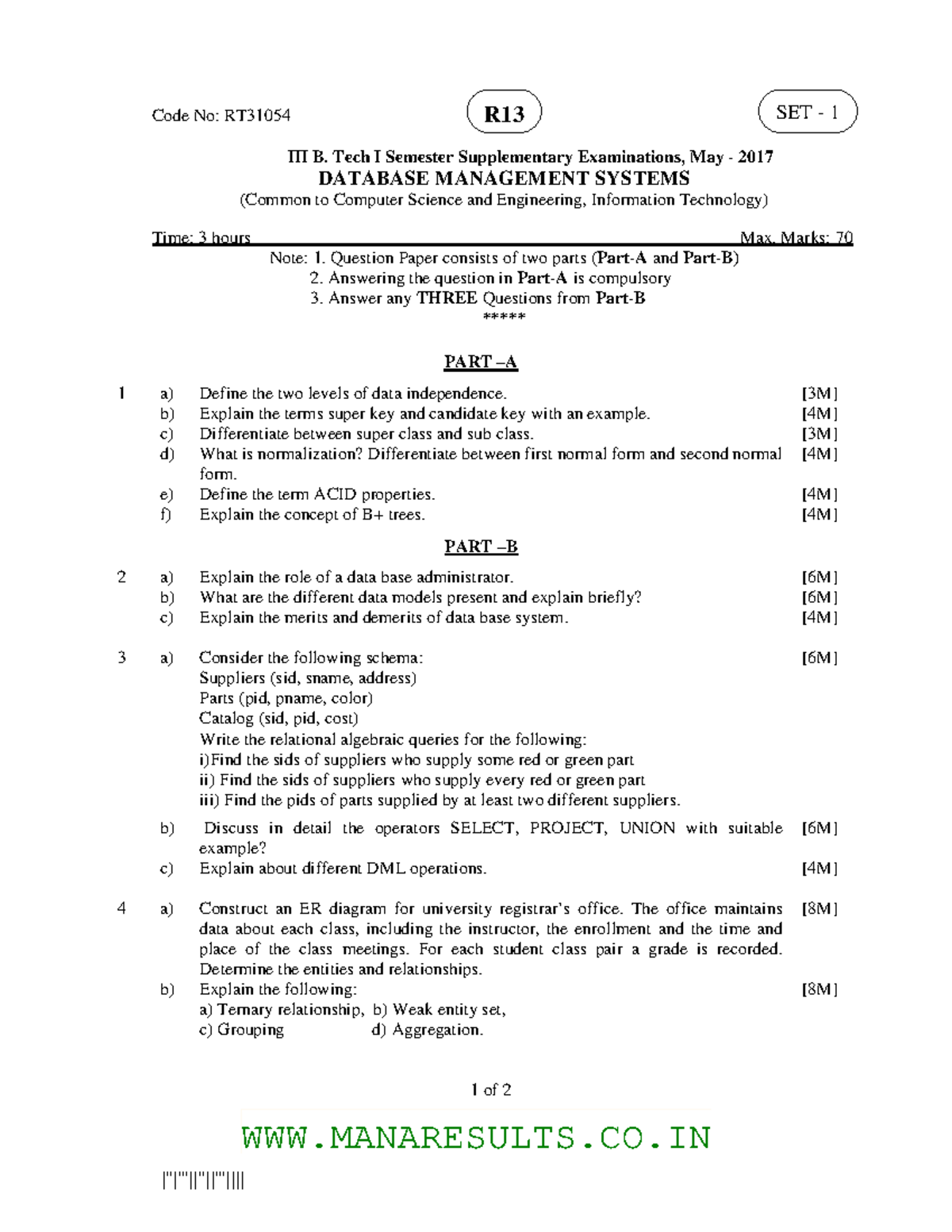 RT31054052017 - DBMS - |''|'''||''||'''|||| Code No: RT III B. Tech I Semester Supplementary ...