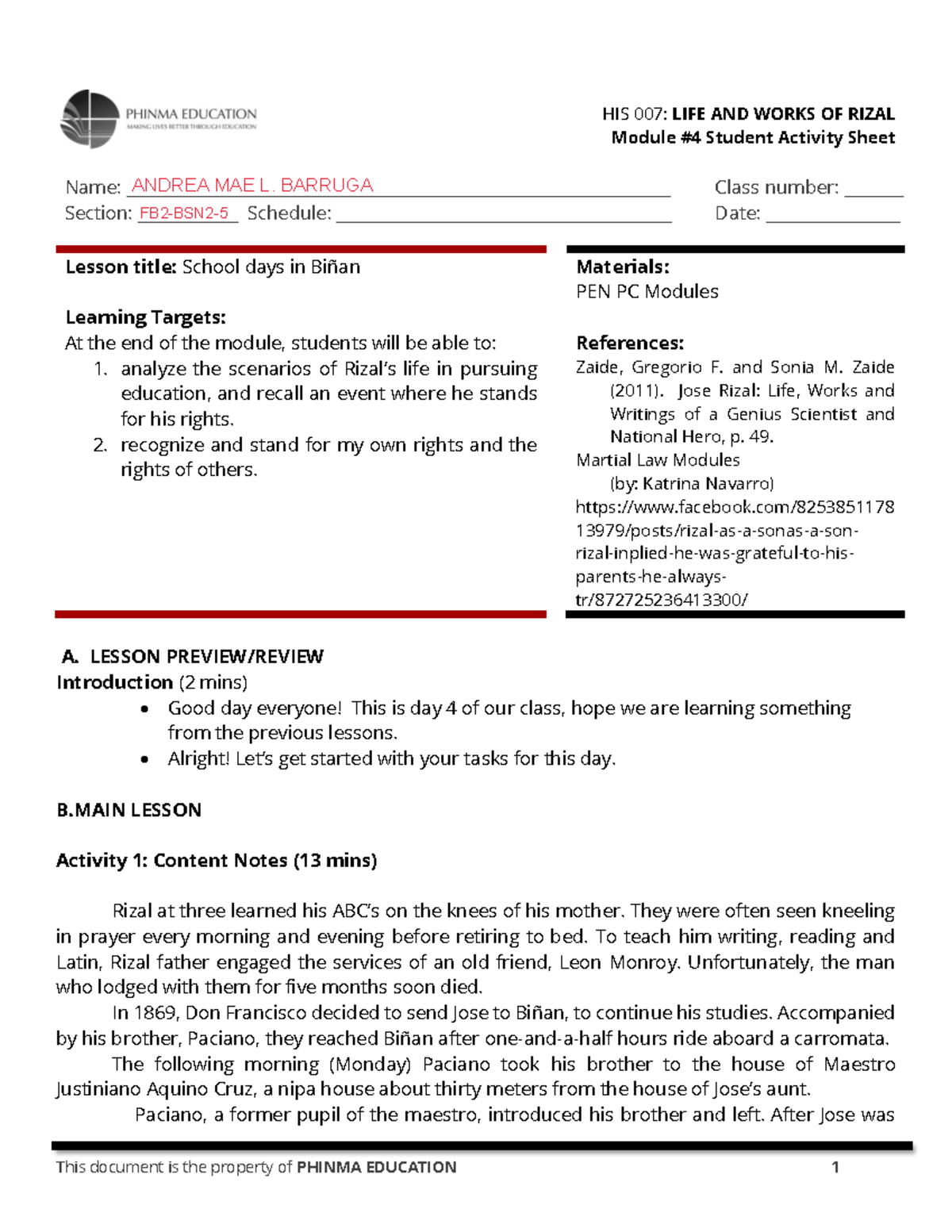 SAS 4 - Life and Works of Rizal - Module # 4 Student Activity Sheet ...