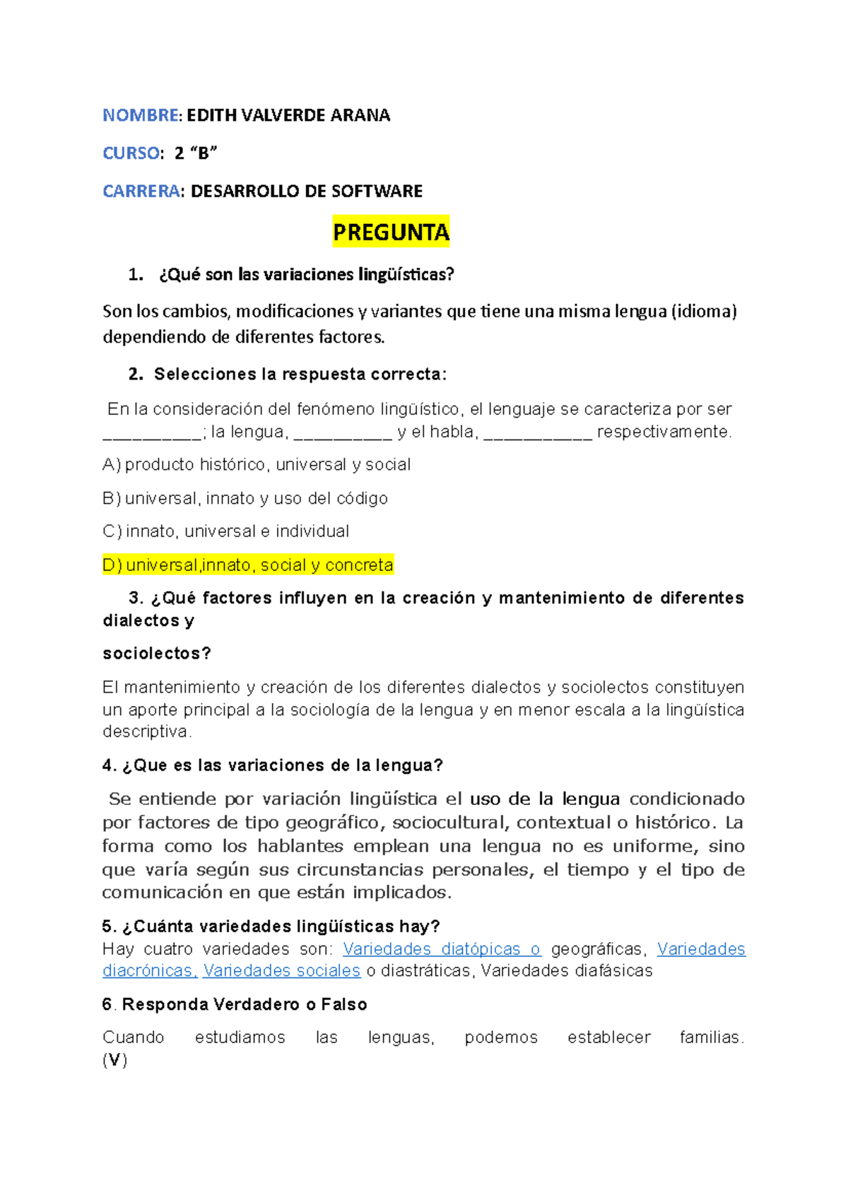 Pregunta - tffy - NOMBRE: EDITH VALVERDE ARANA CURSO: 2 “B” CARRERA ...