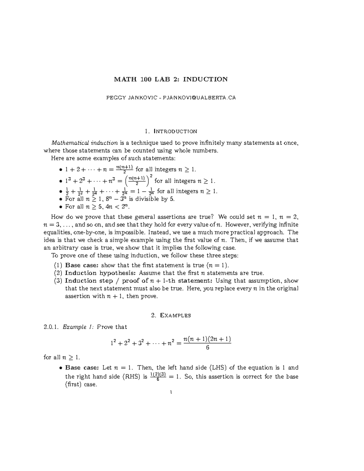 More notes on Induction - MATH 100 LAB 2: INDUCTION PEGGY JANKOVIC ...