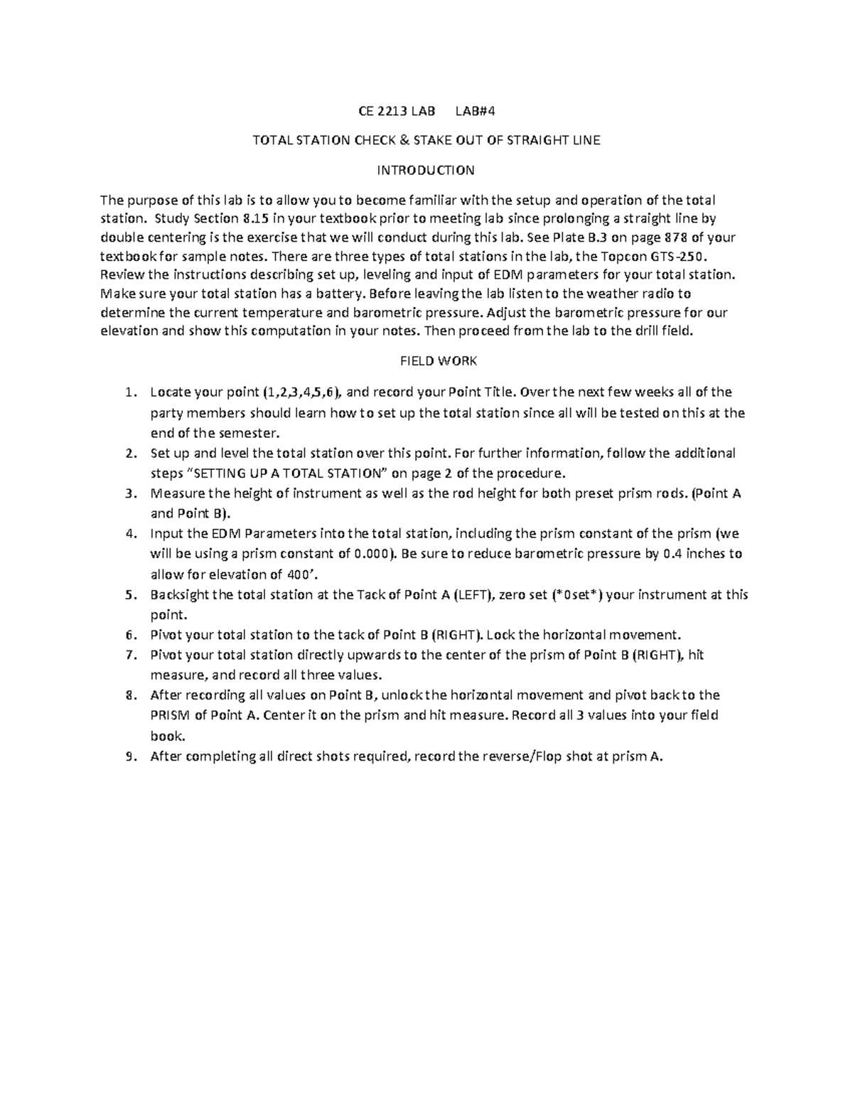 Lab 4 Procedure - Lab 4 assignment - CE 2213 LAB LAB# TOTAL STATION ...
