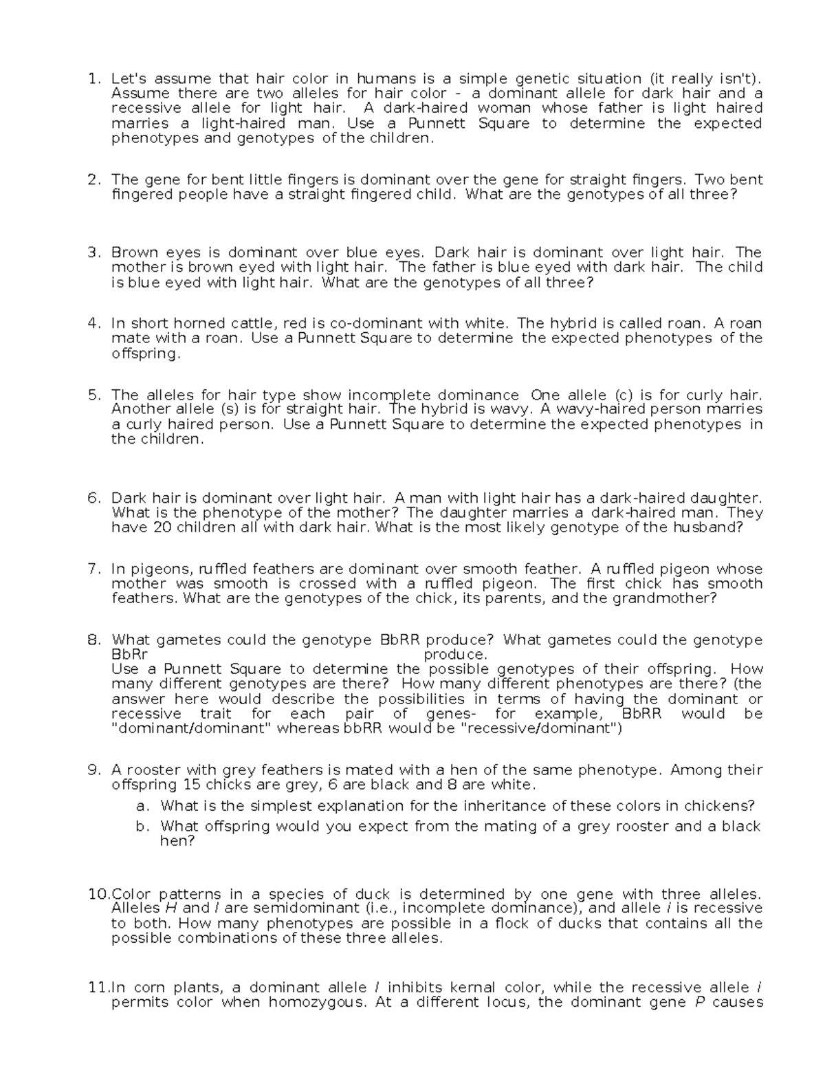 Mendelian-Genetics Activity - Let's assume that hair color in humans is ...