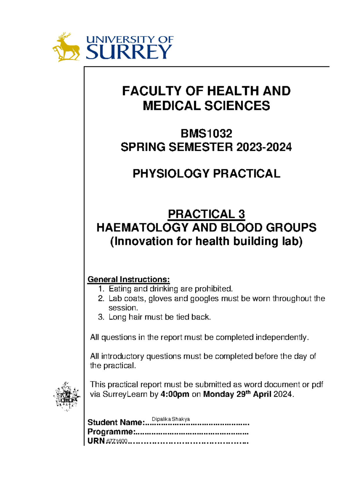 Practical 3 Haematology handout 2024 - FACULTY OF HEALTH AND MEDICAL SCIENCES BMS SPRING ...