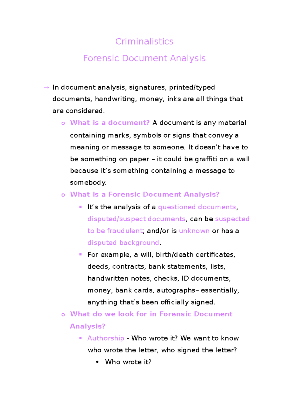 Criminalistics - Document Analysis Review - Criminalistics Forensic ...