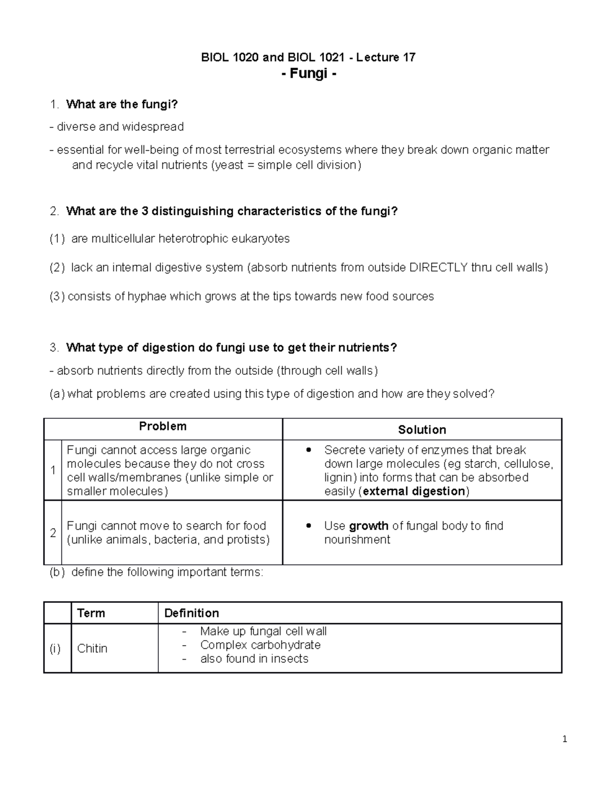 Biology 1020 - Fungi - Lecture notes 17 - BIOL 1020 and BIOL 1021 ...