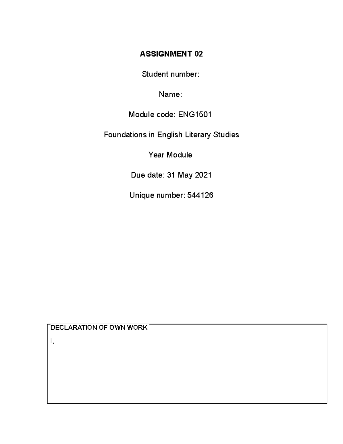 Assignment 2 upload - ASSIGNMENT 02 Student number: Name: Module code ...