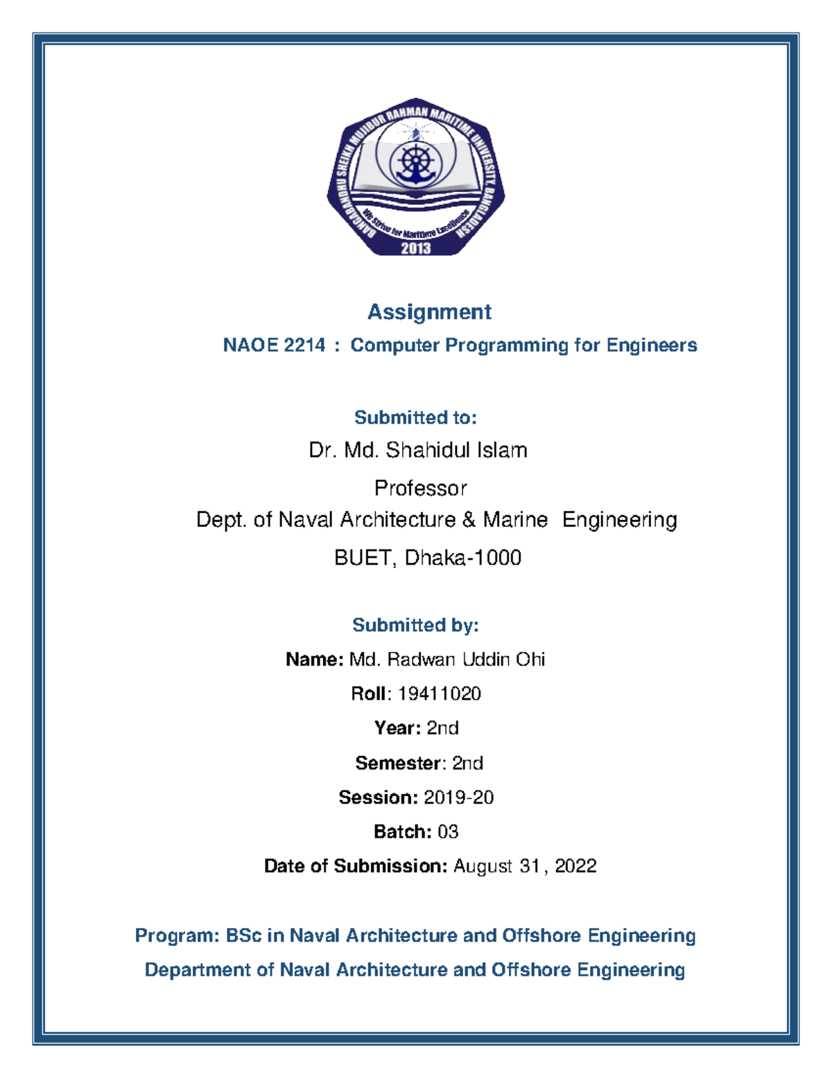 DOC-20220831-WA0007 - good - Assignment NAOE 2214 : Computer Programming for Engineers Submitted ...