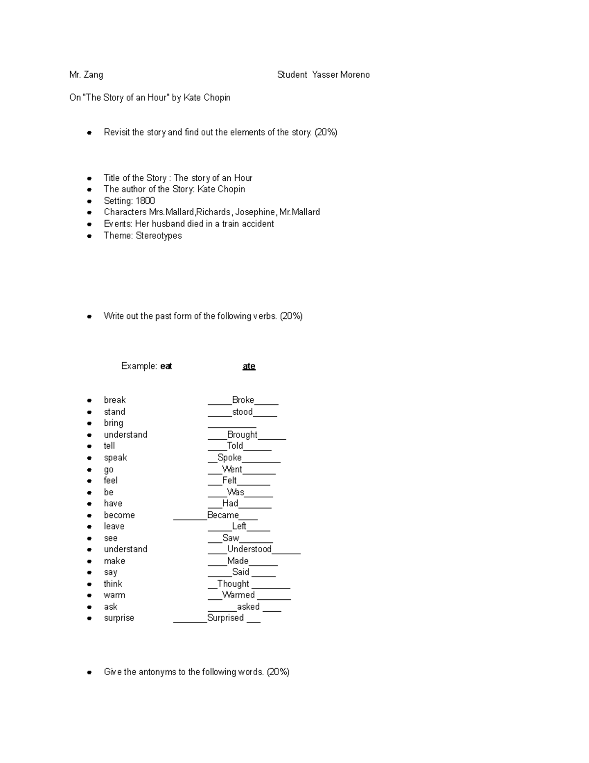 Hour 1 - Vocabulary coursework - Mr. Zang Student Yasser Moreno On