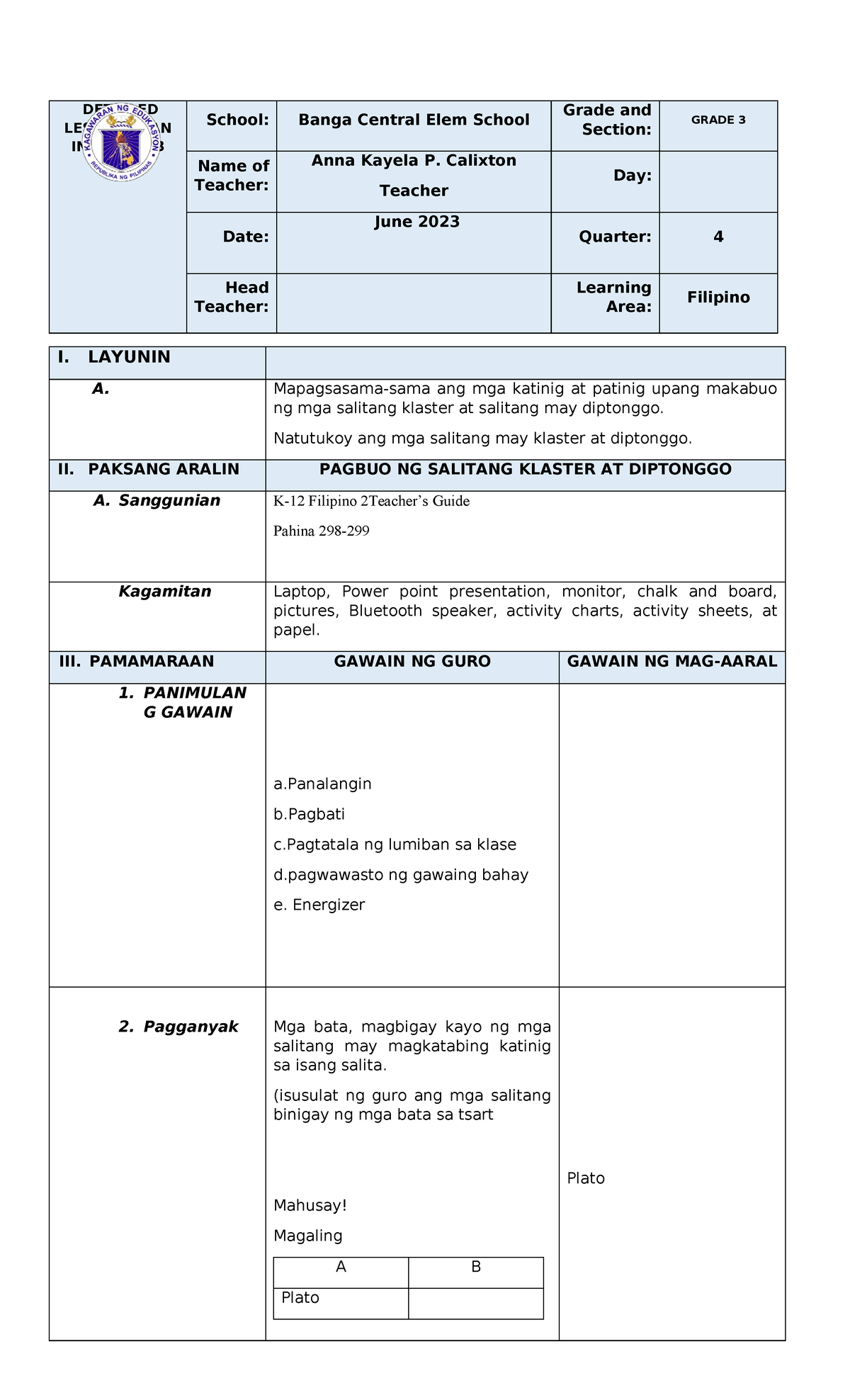 Q4 - Summary General Education - DETAILED LESSON PLAN IN Filipino 3 ...