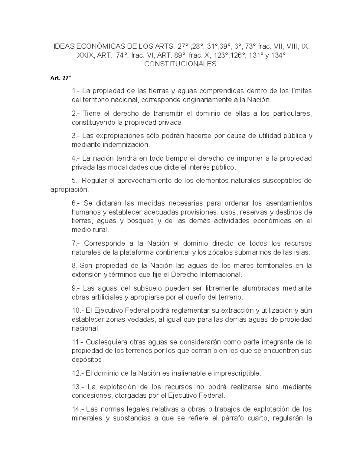 Arts 27 y 28 - Art 27 y 28 - IDEAS ECONÓMICAS DE LOS ARTS. 27° ,28°, 31 ...