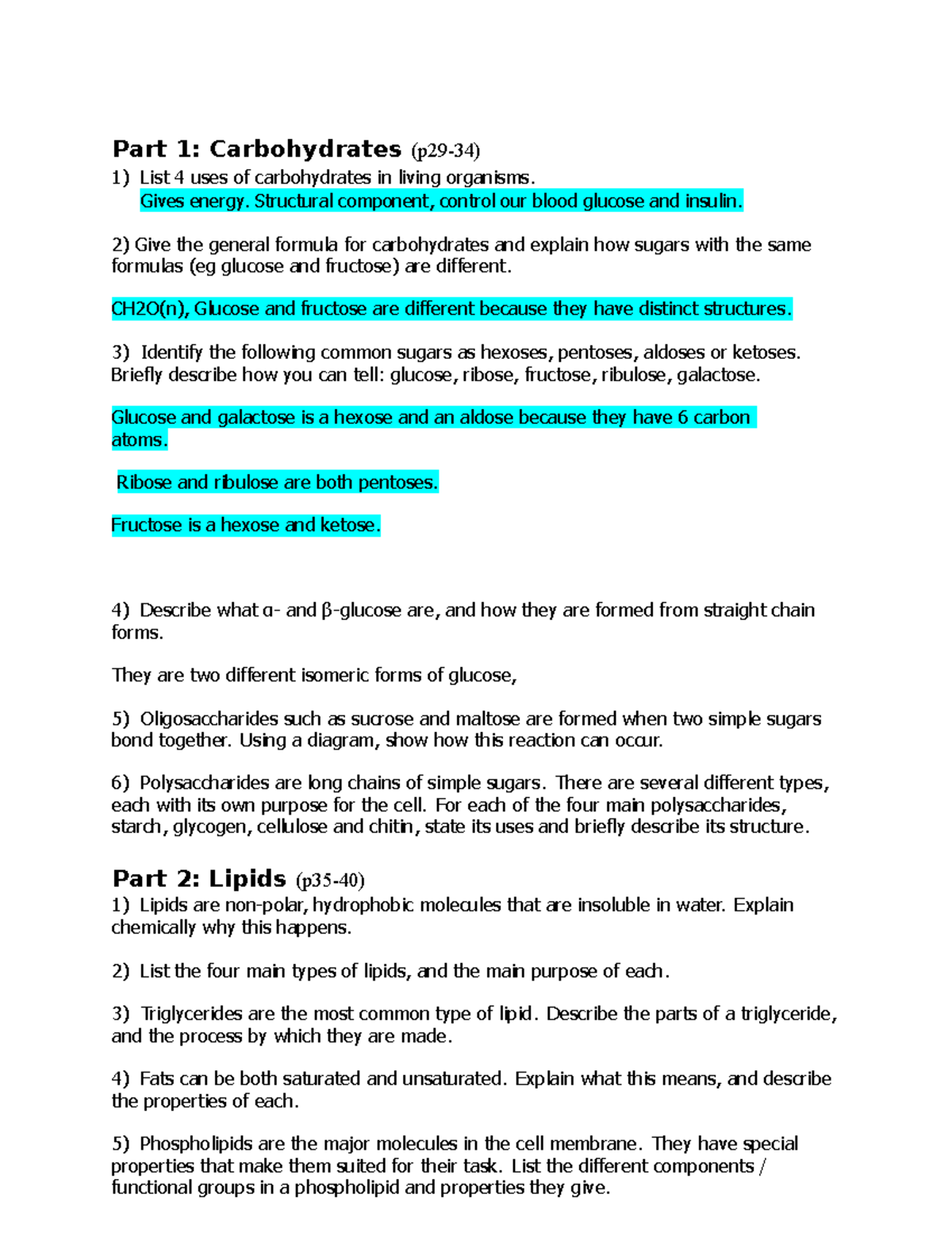 Carbohydrate and Lipid review questions - Part 1: Carbohydrates (p29-34 ...