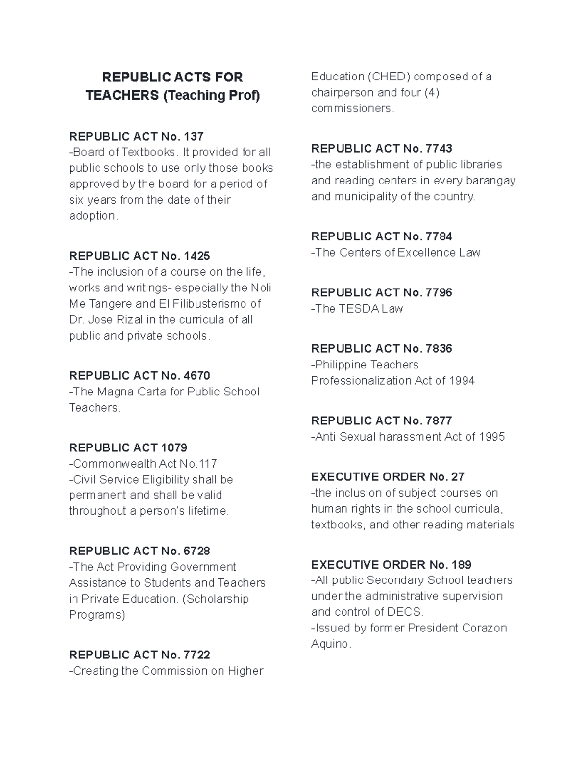 Republic ACTS FOR Teachers REPUBLIC ACTS FOR TEACHERS Teaching Prof