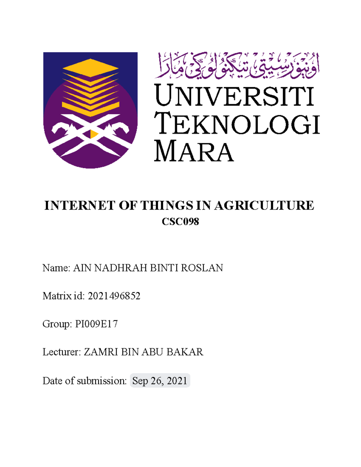 Case Study CSC098 Agriculture - INTERNET OF THINGS IN AGRICULTURE CSC ...