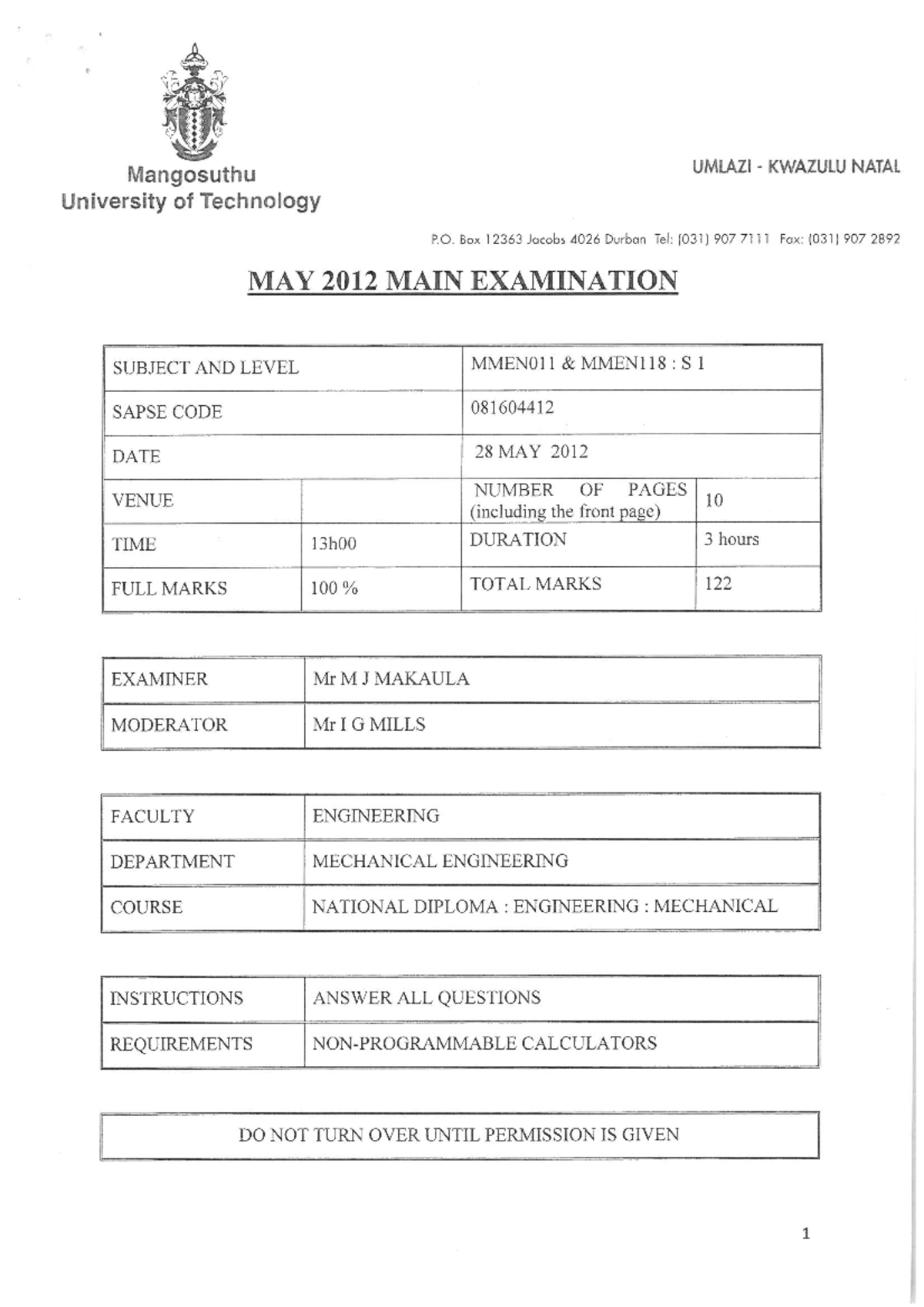 Manufacturing I May Main Exam 2012 - MMEN011 & MMEN118 - Studocu