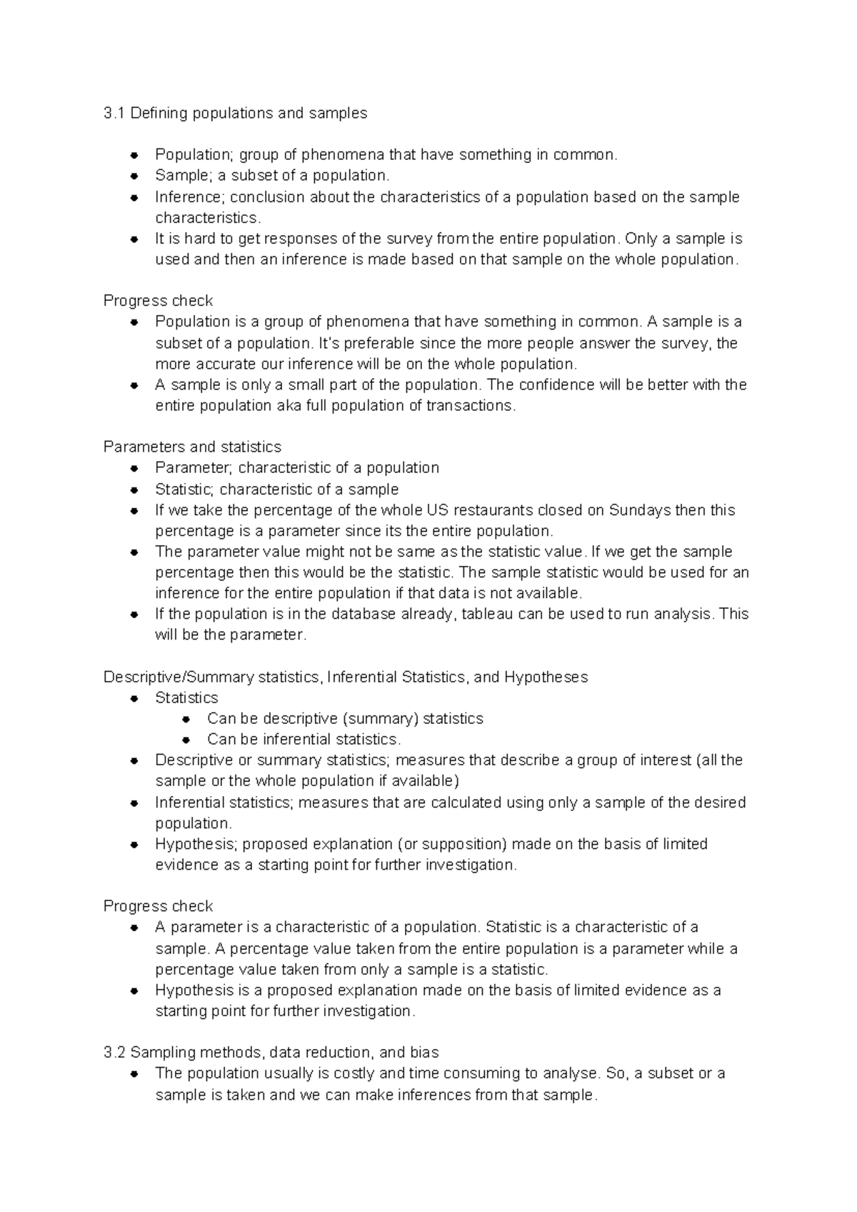 Chapter 3 notes - 3 Defining populations and samples Population; group ...