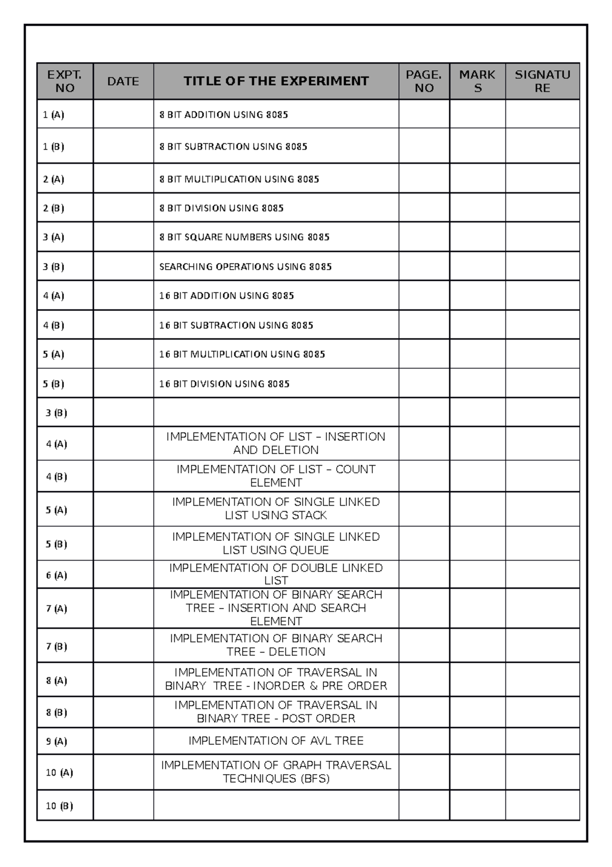 Dsa Lab Index Final Verify The Details For Your Data Structure And Algorithms Using C Programs 4617