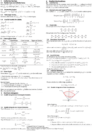 Math cheat sheet - Summary Engineering Calculus - Ch1- Partial Derivatives Basic Vector ...