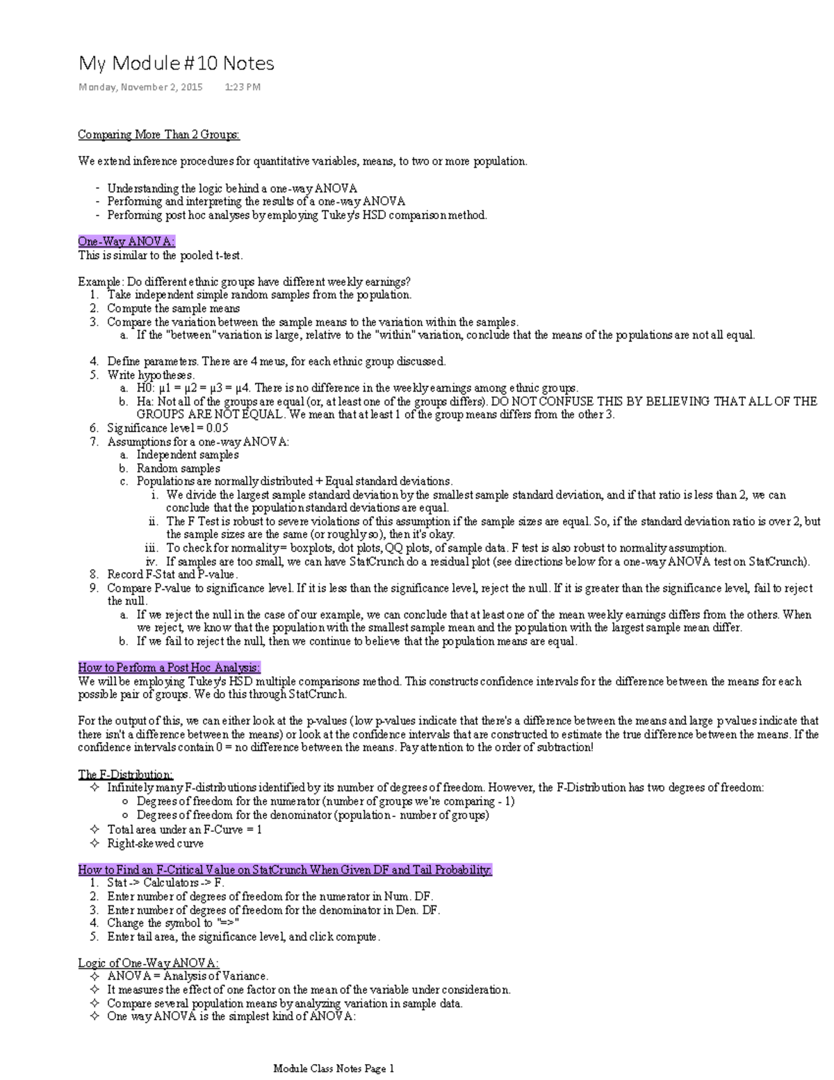 STA261 Module 10 Notes - Comparing More Than 2 Groups: We extend ...