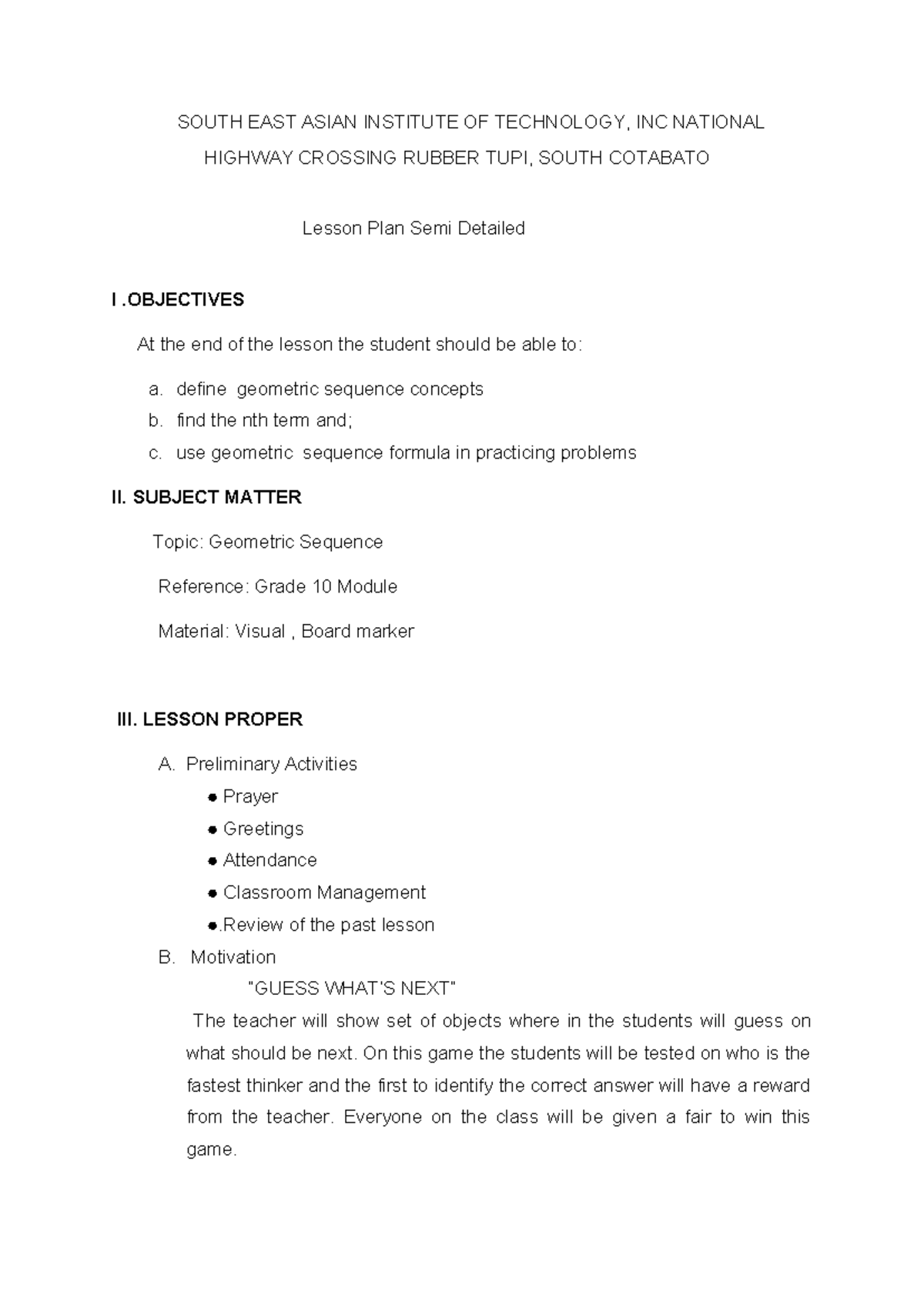 Lesson-PLAN-7 - You can use this on your educational purposes - SOUTH EAST ASIAN INSTITUTE OF ...