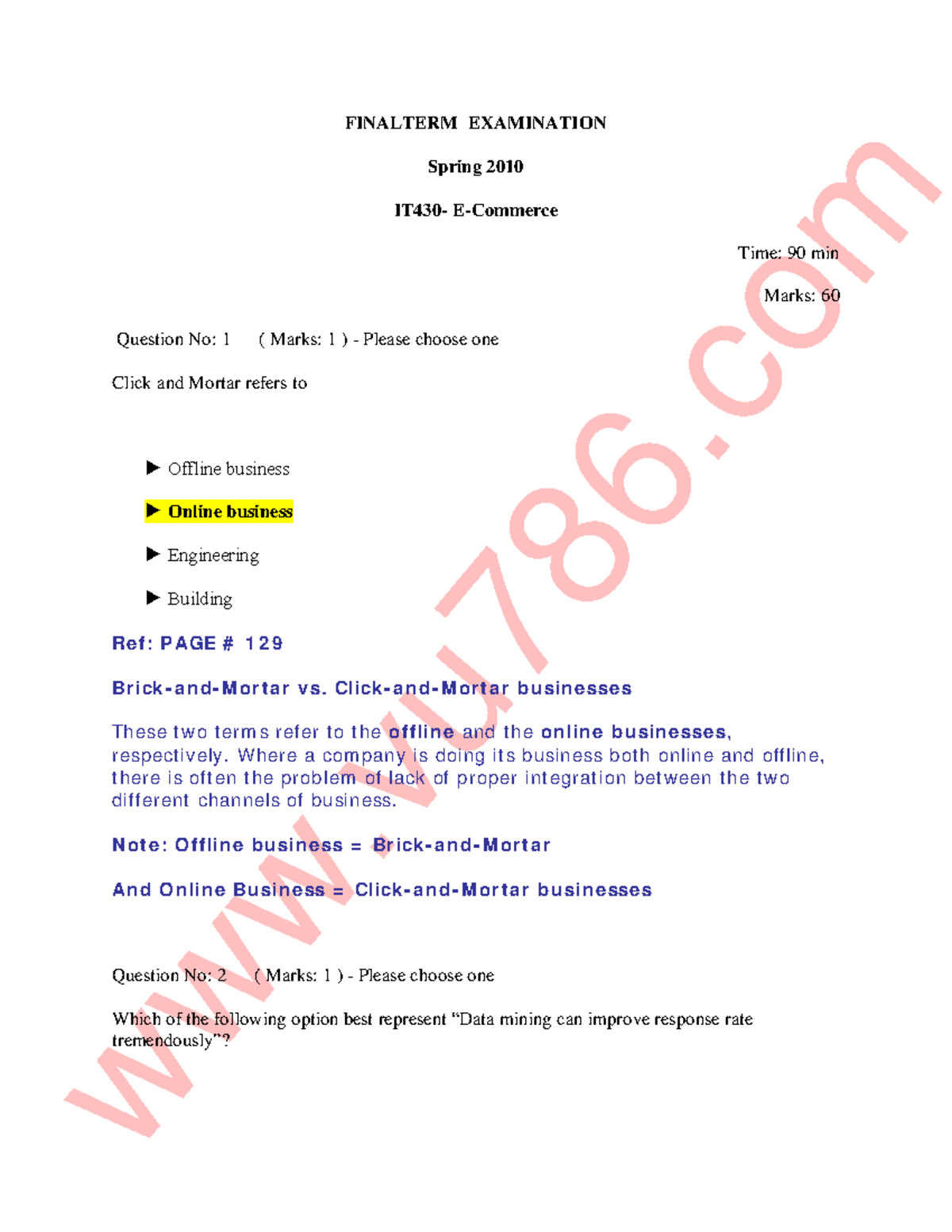 It430 final term 1 www.vu786.com - FINALTERM EXAMINATION Spring 2010 ...