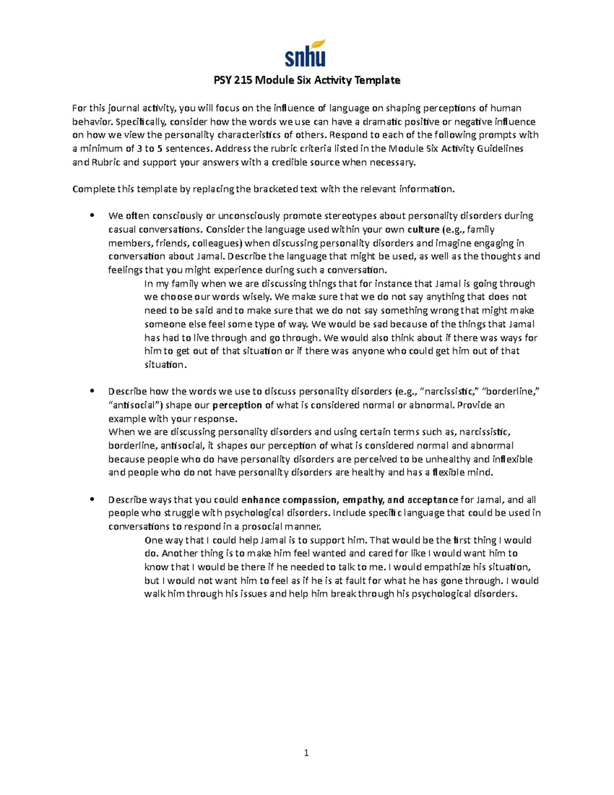 PSY 215 Module Six Activity Template PSY 215 Module Six Activity