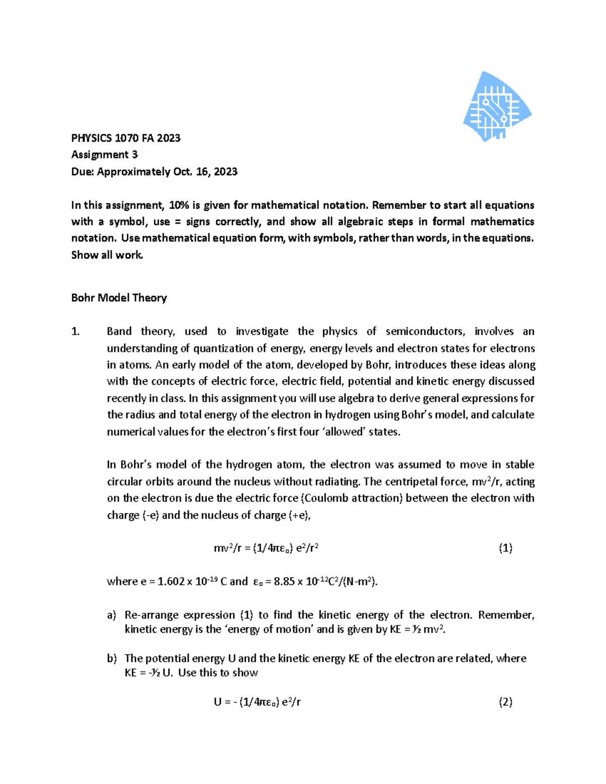 PHYS 1070 Assignment 3 2023 - PHYSICS 1070 FA 2023 Assignment 3 Due: Approximately Oct. 1 6 ...