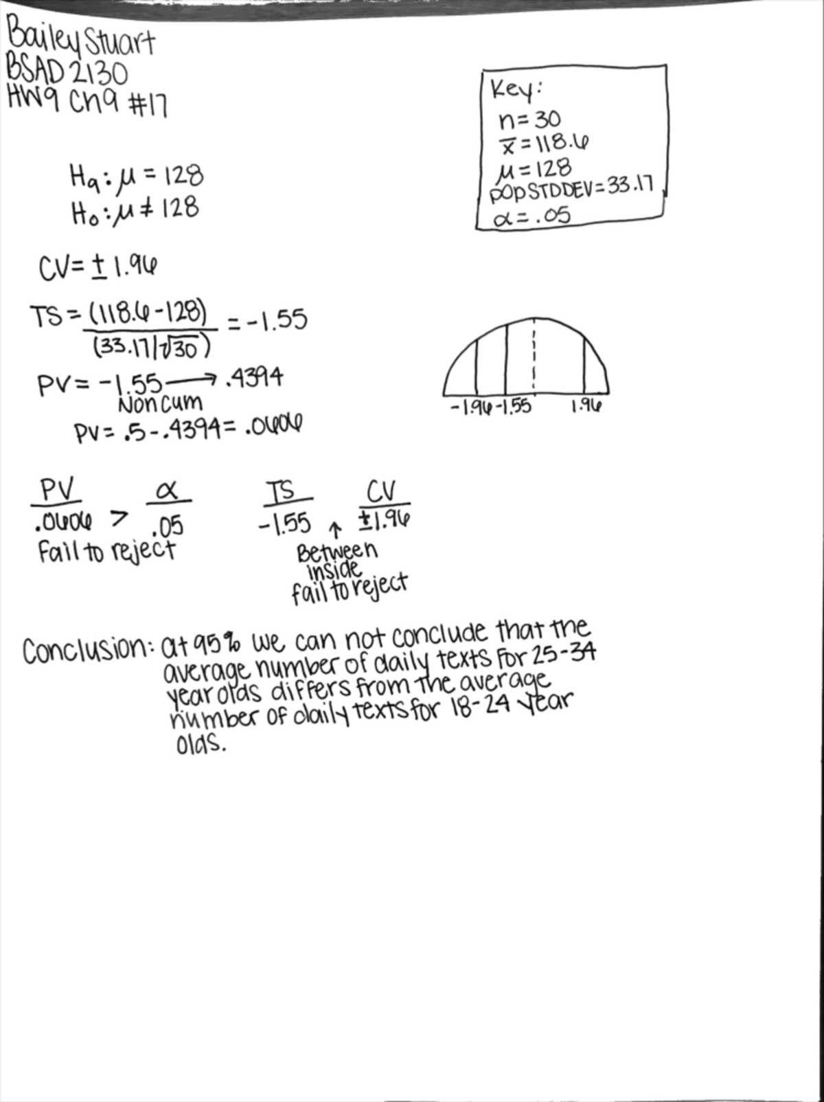 Ch.9 homework - Bailey Stuart BSAD 2130 HW9 ch9 Key: Hq: u 128 Ho: M ...