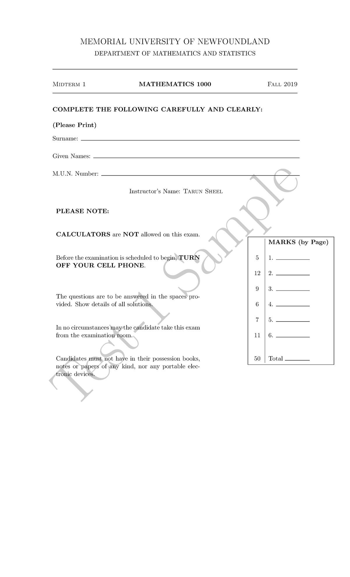 math 1000 test1 and 2 with solution - Test-1 Sample MEMORIAL UNIVERSITY ...