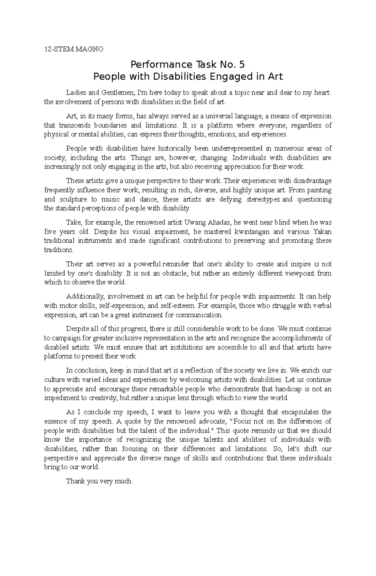 CPAR - PT 5 People with Disabilities Engaged in Art - 12-STEM MAGNO Performance Task No. 5 ...