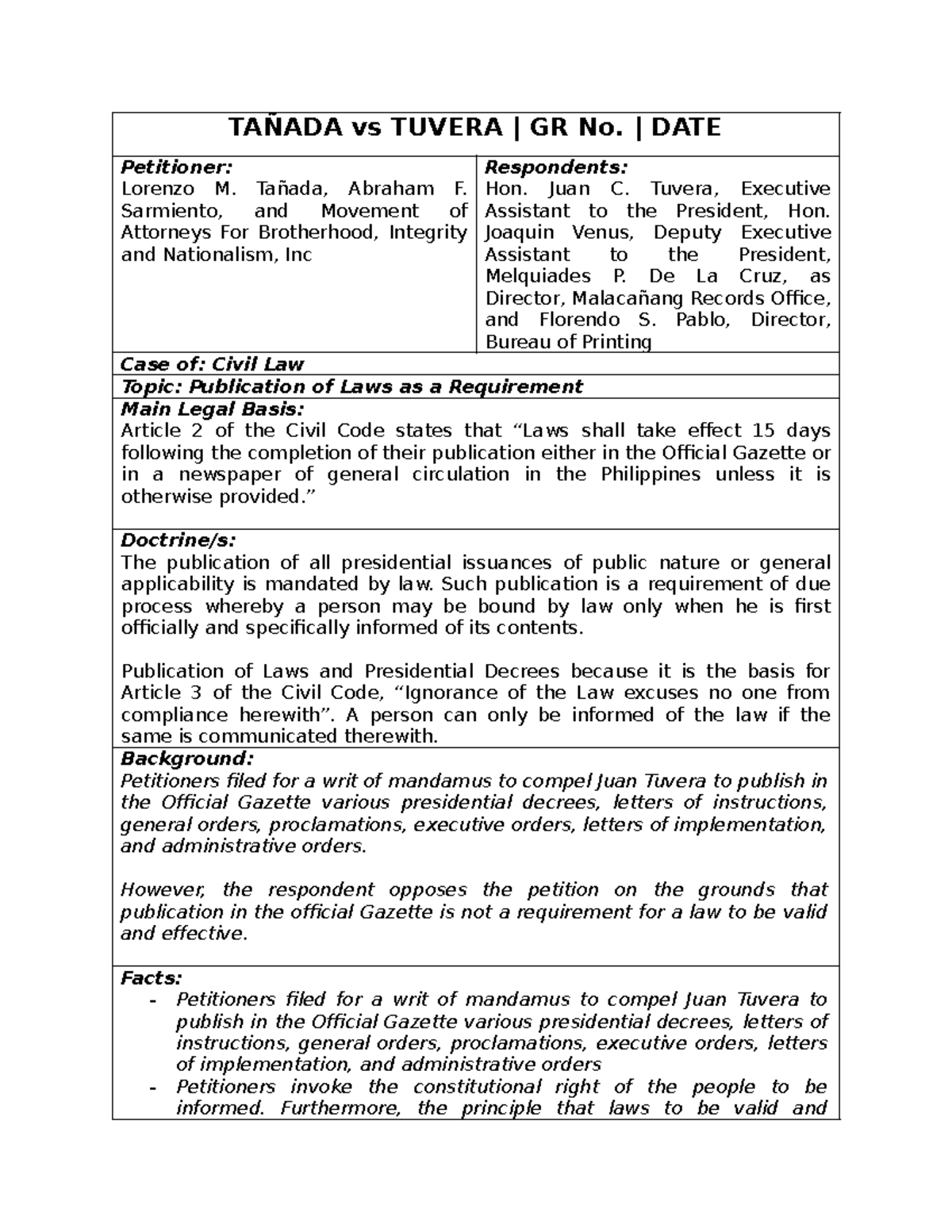 Tañada vs Tuvera ( Digest) - TAÑADA vs TUVERA | GR No. | DATE ...